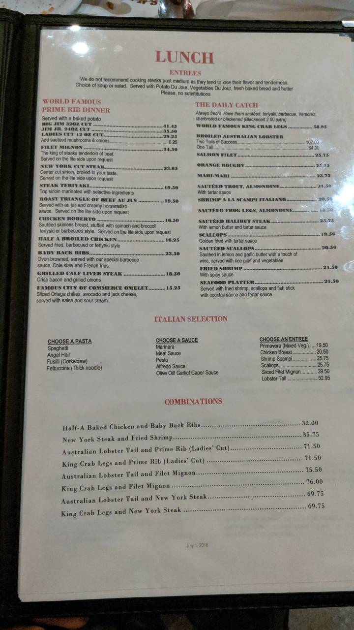 Menu at Steven's Steak & Seafood House steakhouse, Commerce