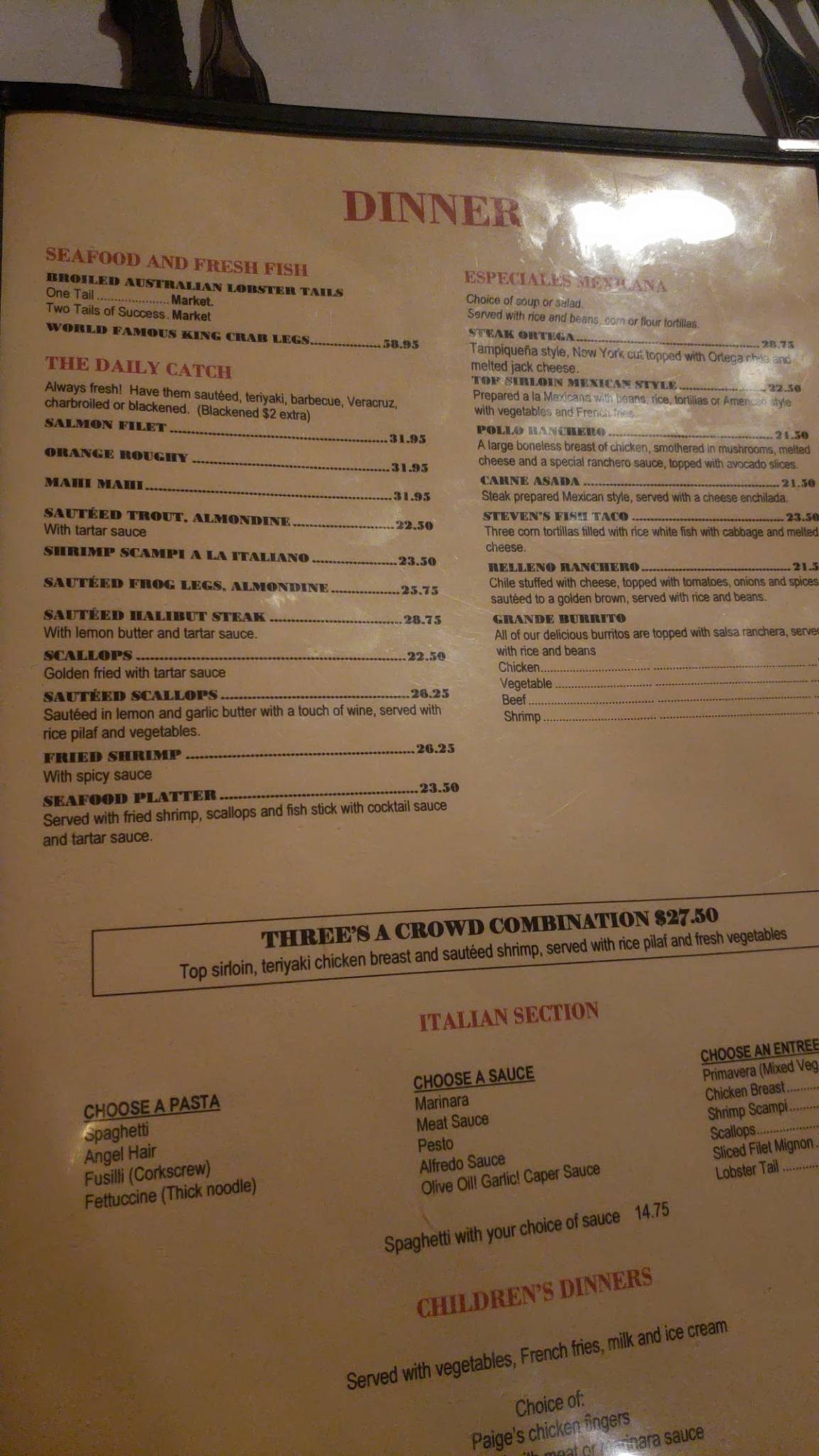 Menu at Steven's Steak & Seafood House steakhouse, Commerce