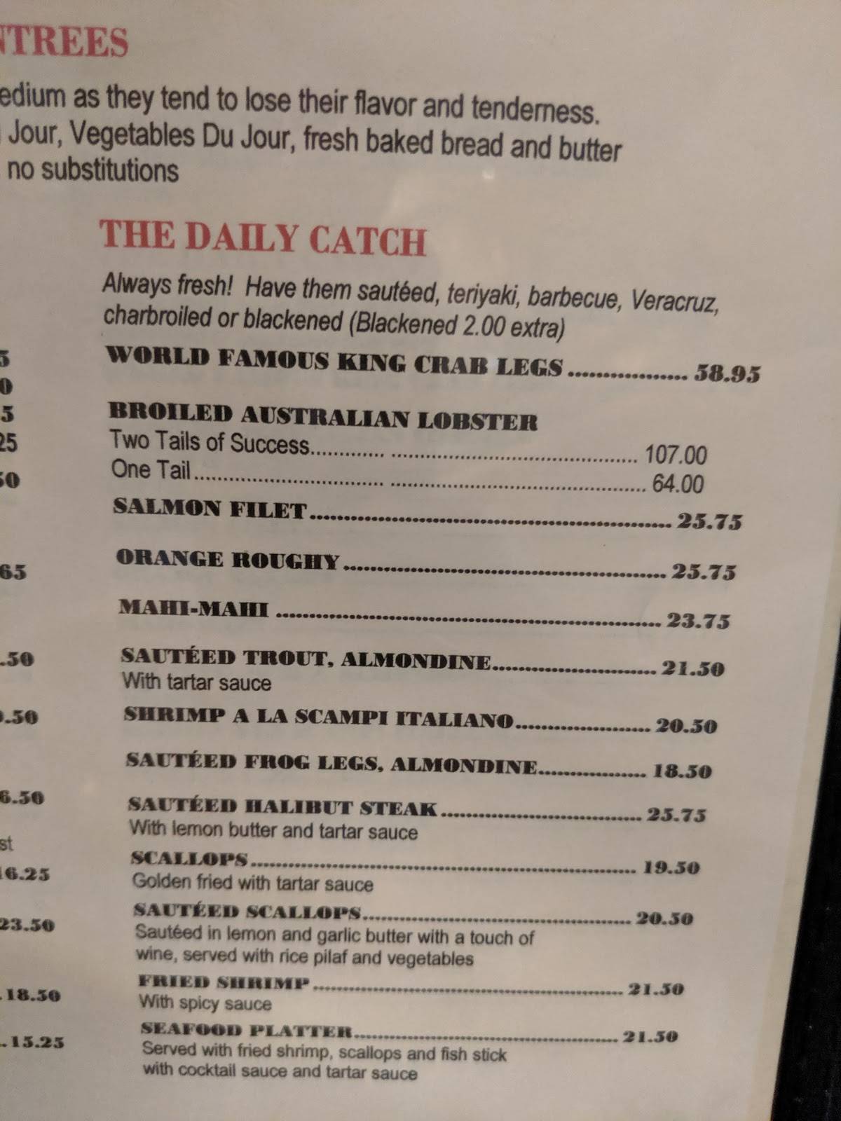 Menu at Steven's Steak & Seafood House steakhouse, Commerce
