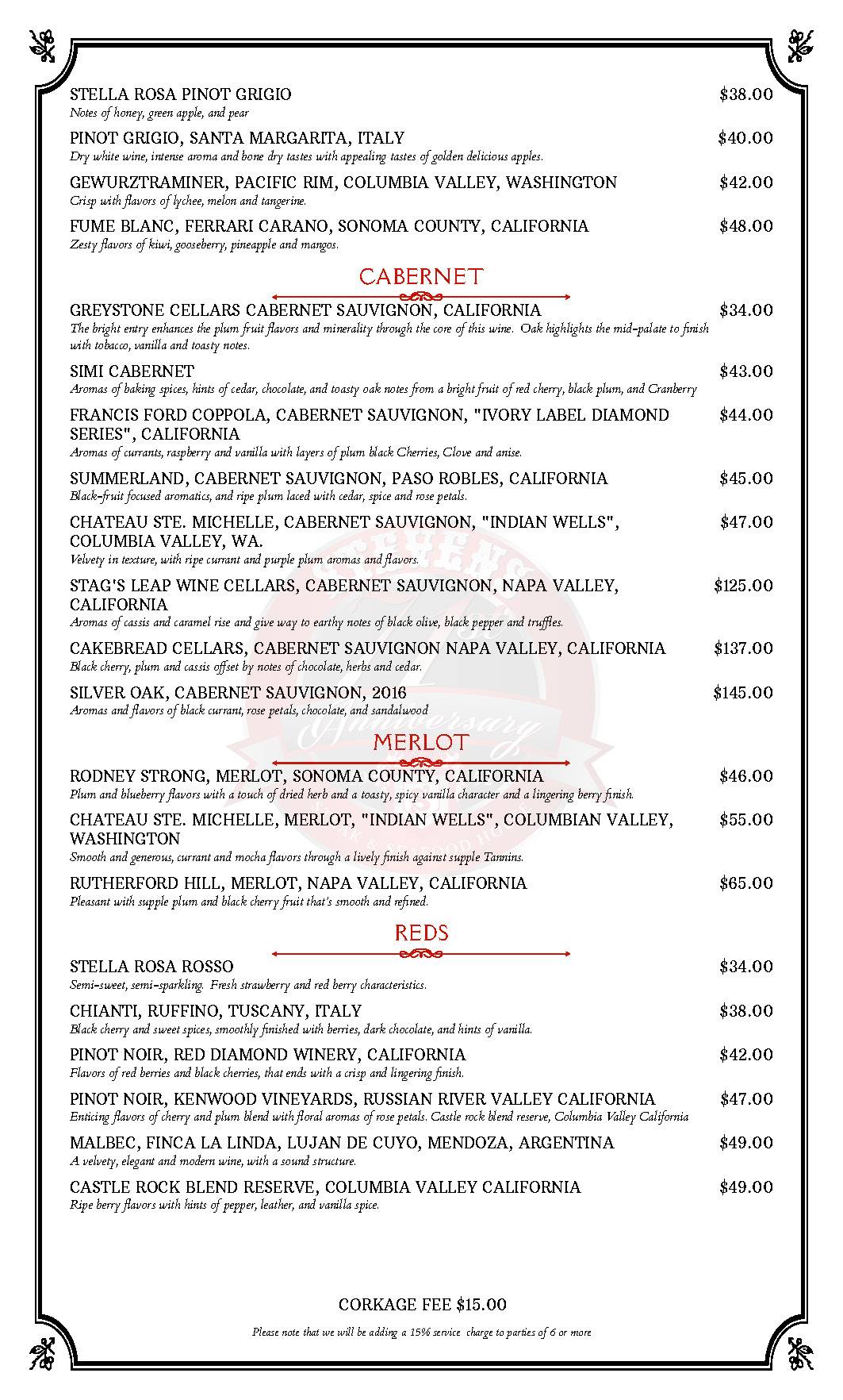 Menu at Steven's Steak & Seafood House steakhouse, Commerce