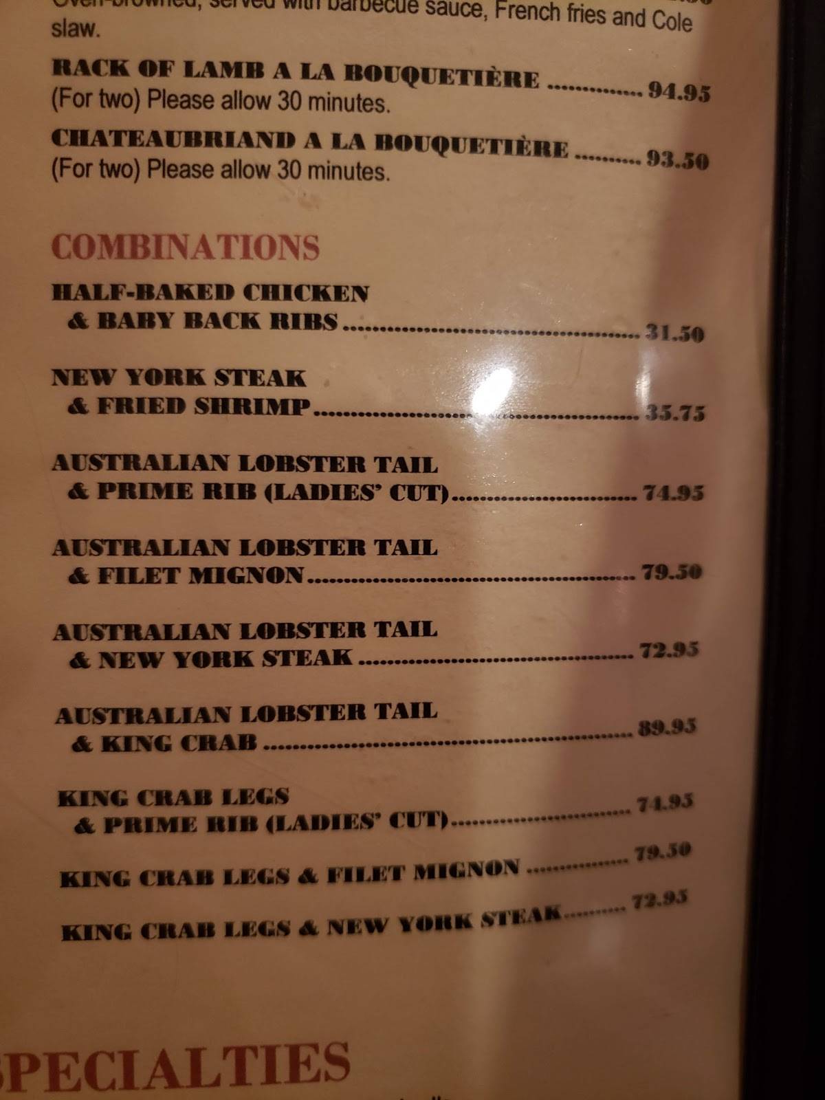 Menu at Steven's Steak & Seafood House steakhouse, Commerce