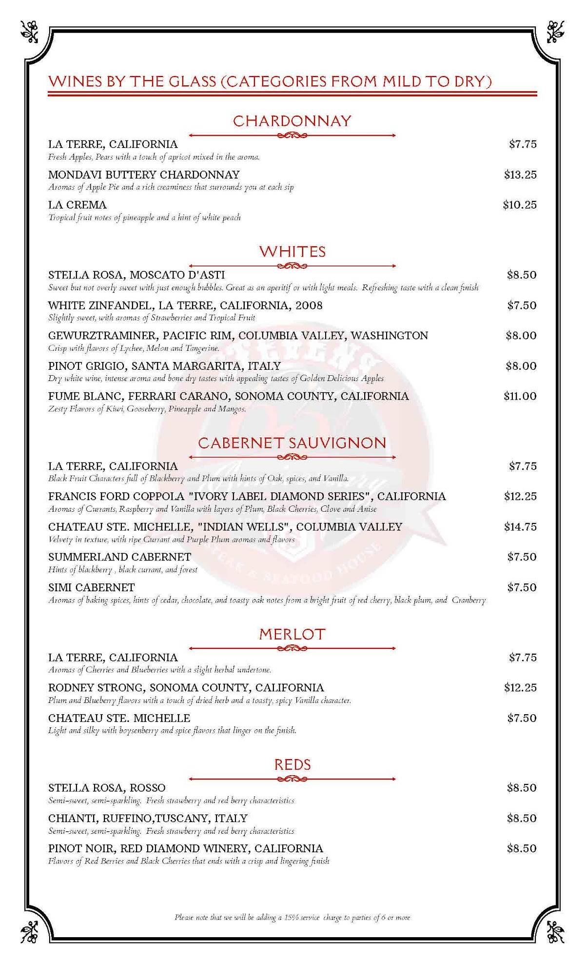 Menu at Steven's Steak & Seafood House steakhouse, Commerce