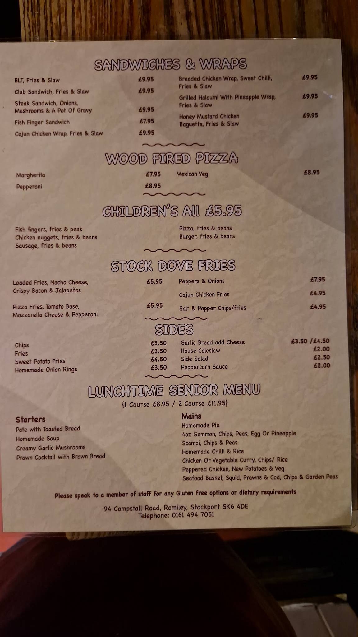 Menu at Stock Dove pub & bar, Stockport