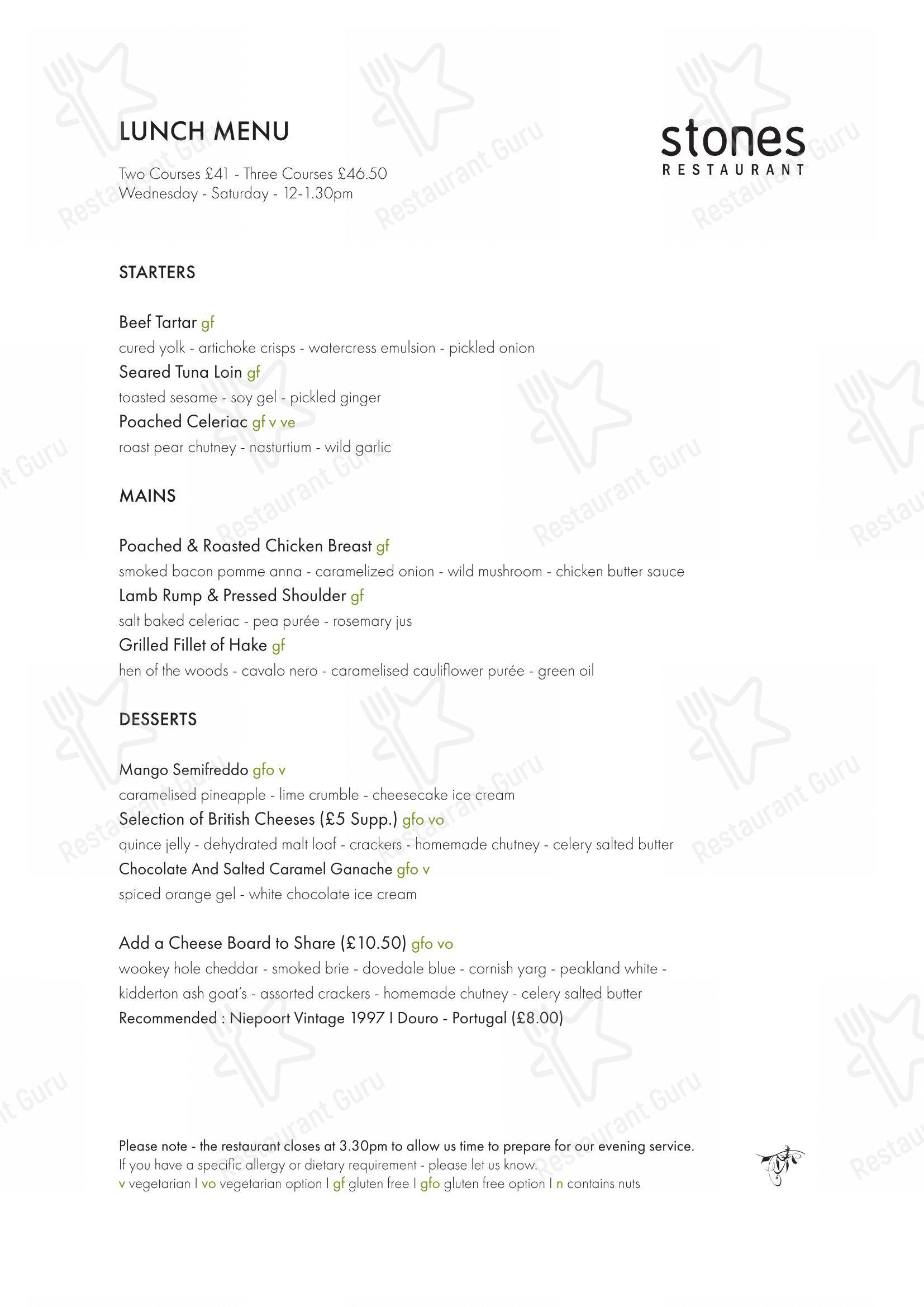Menu at Stones restaurant, Matlock