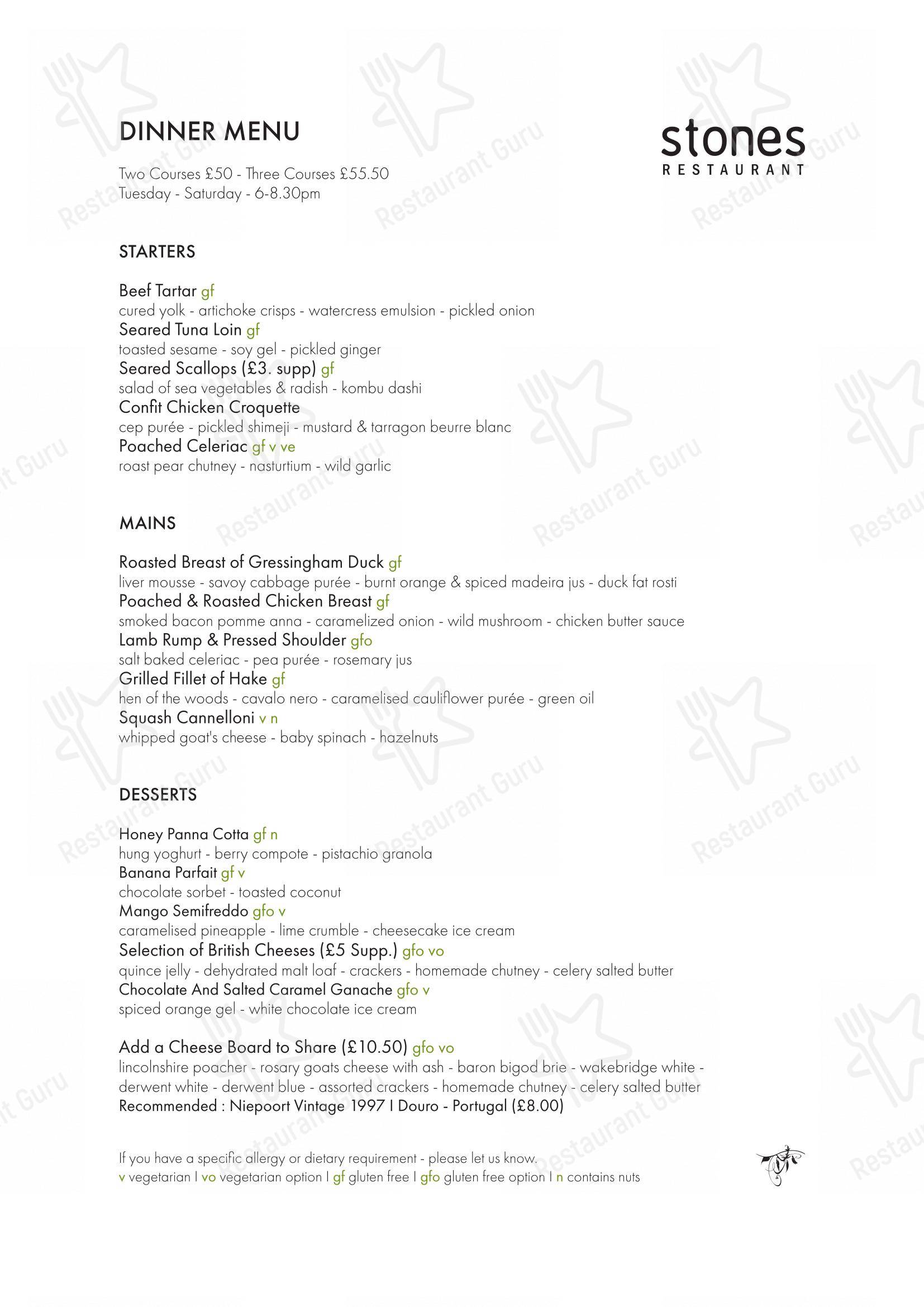 Menu at Stones restaurant, Matlock