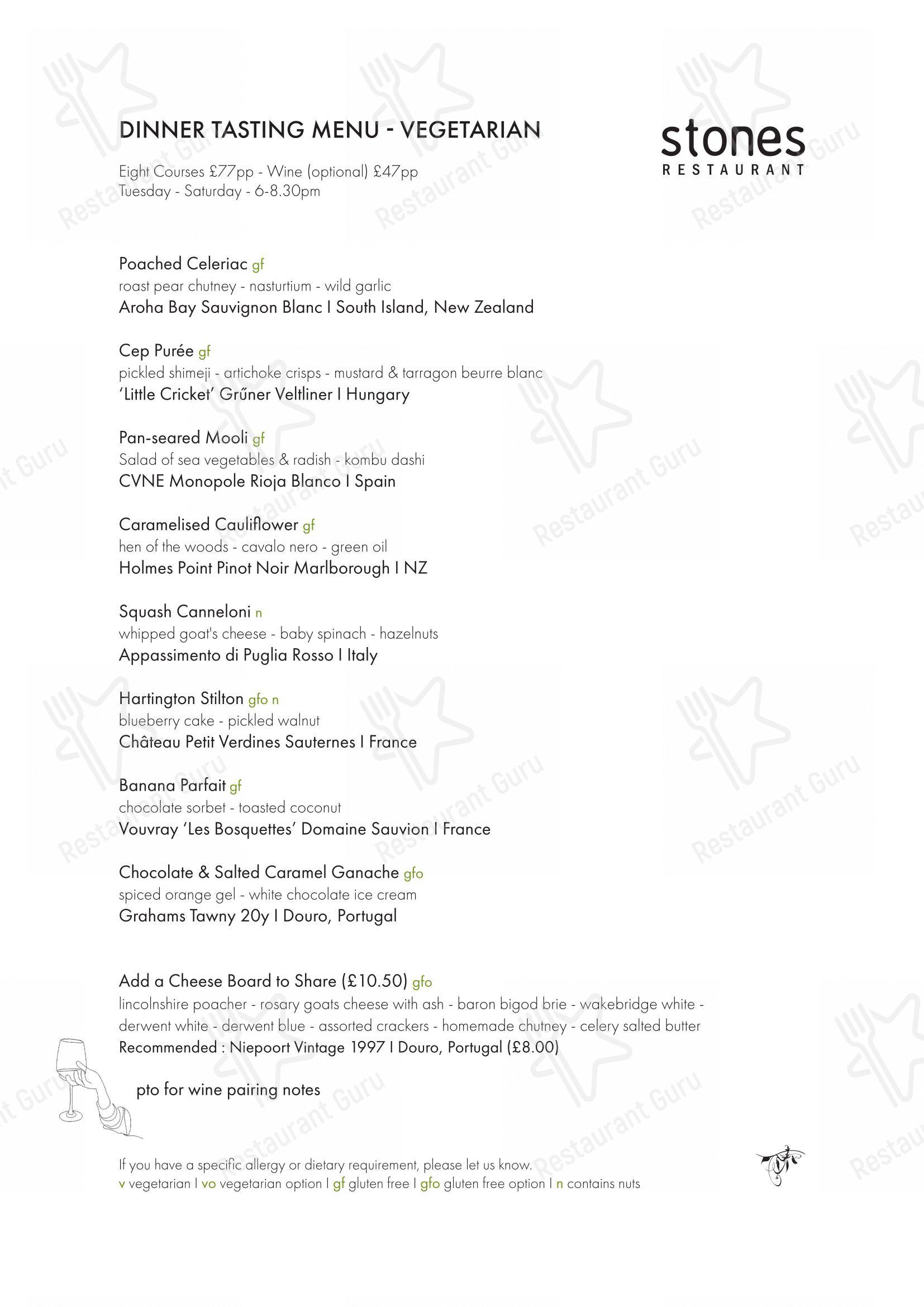 Menu at Stones restaurant, Matlock