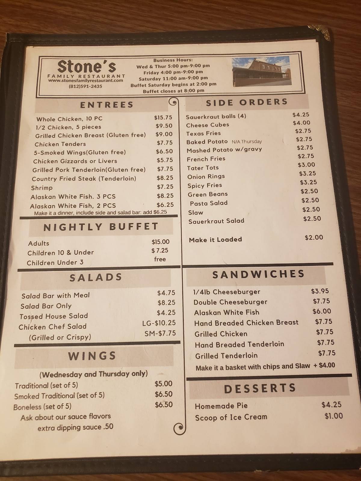 Menu at Stone's Family Restaurant, Millhousen, Millhousen