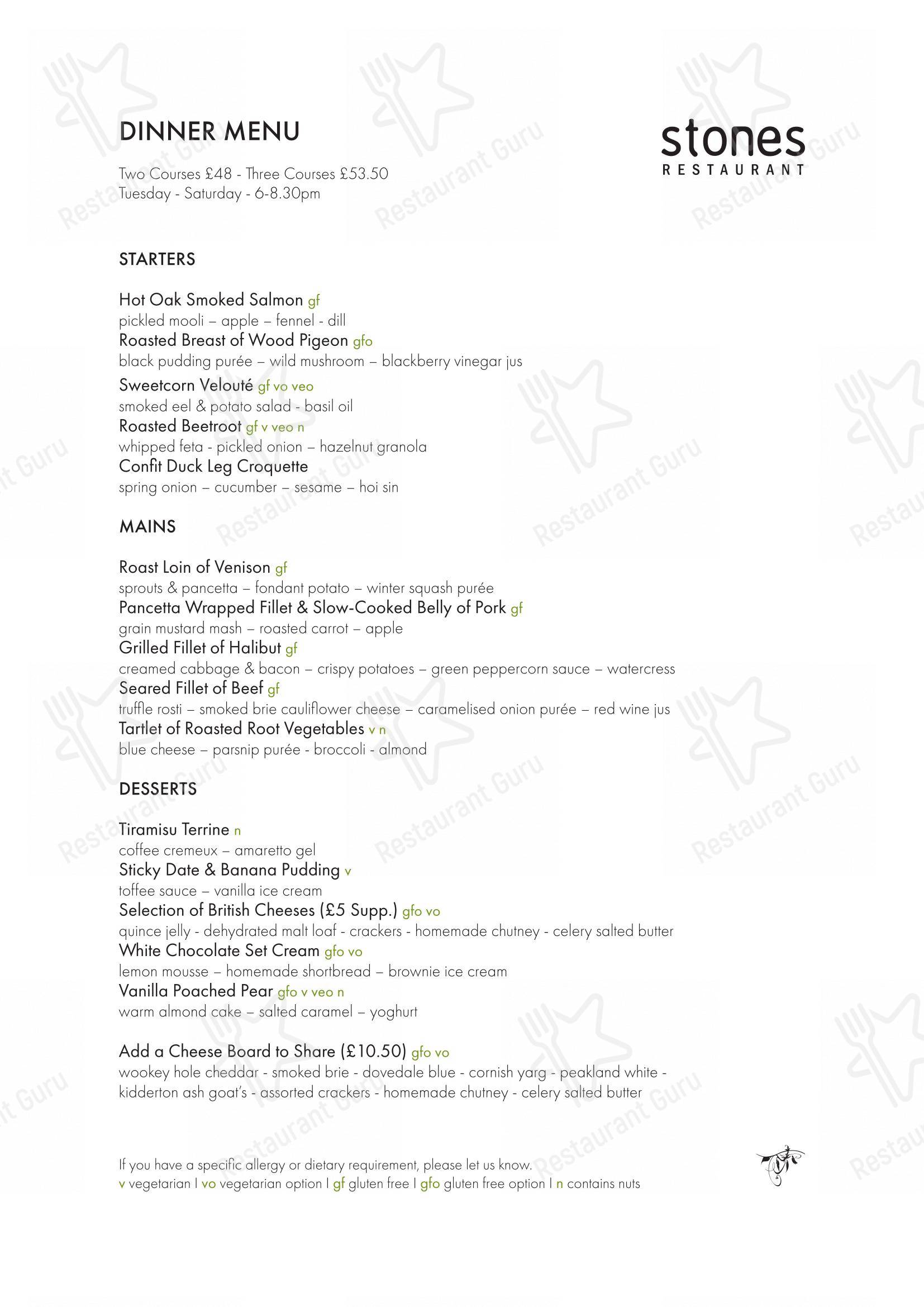 Menu at Stones restaurant, Matlock