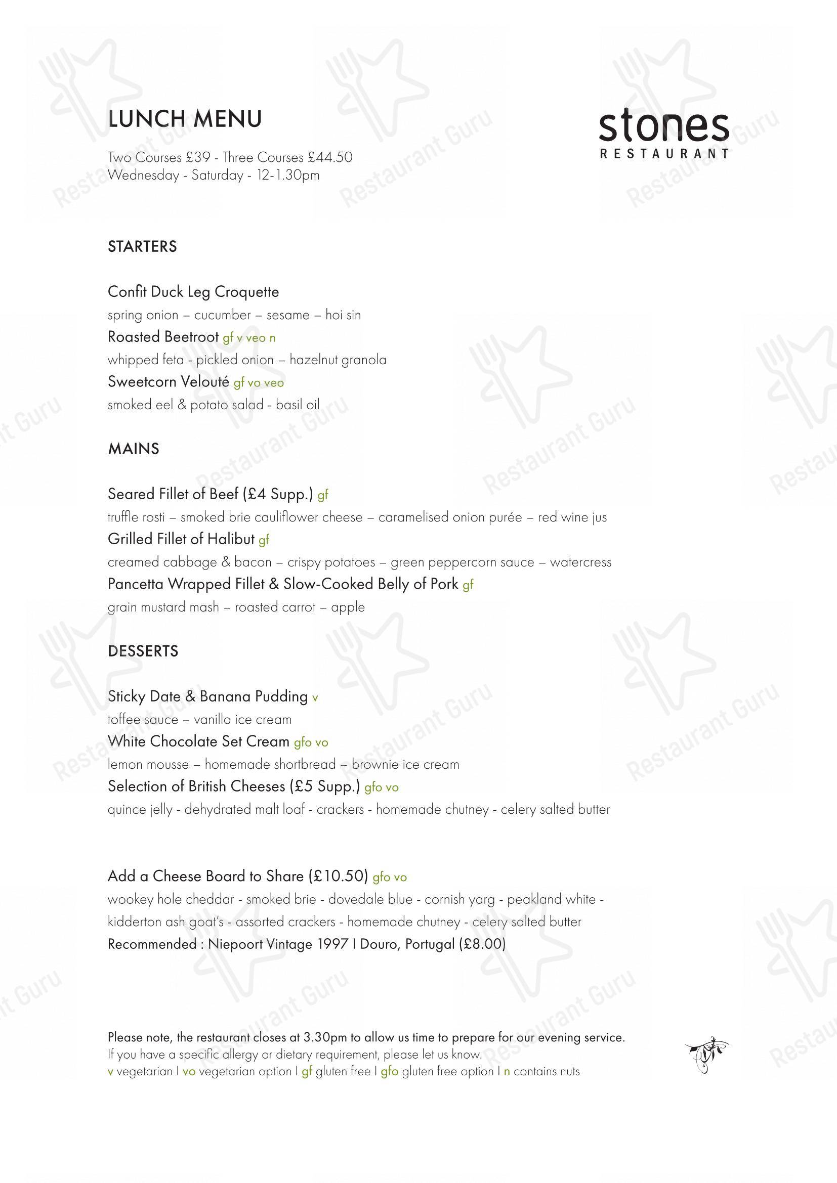 Menu at Stones restaurant, Matlock