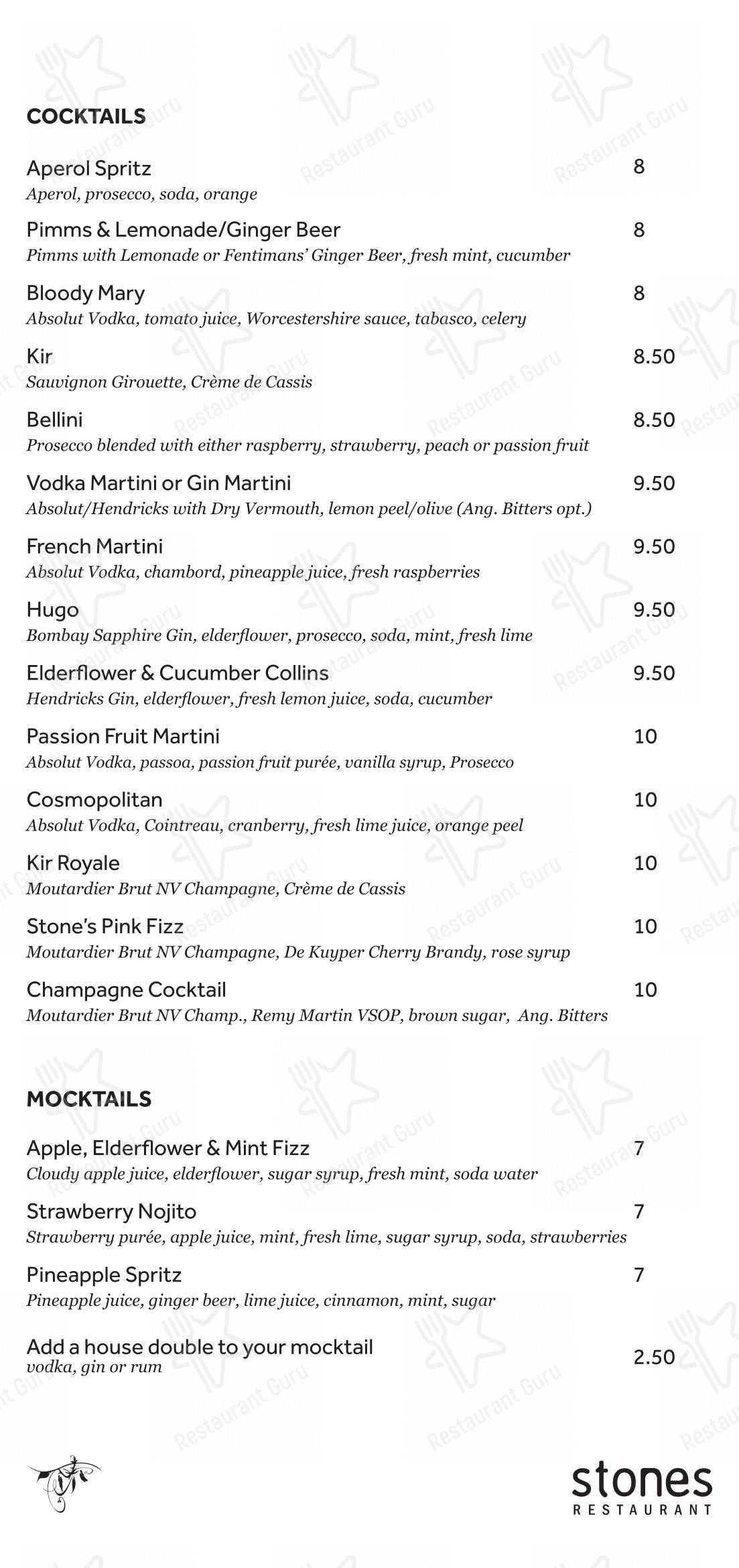 Menu at Stones restaurant, Matlock