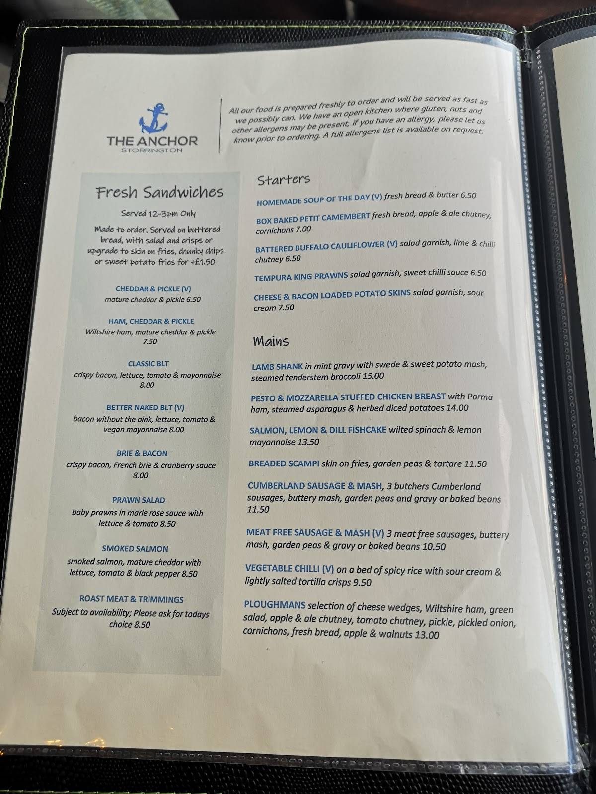 Menu at The Anchor Inn pub & bar, Storrington