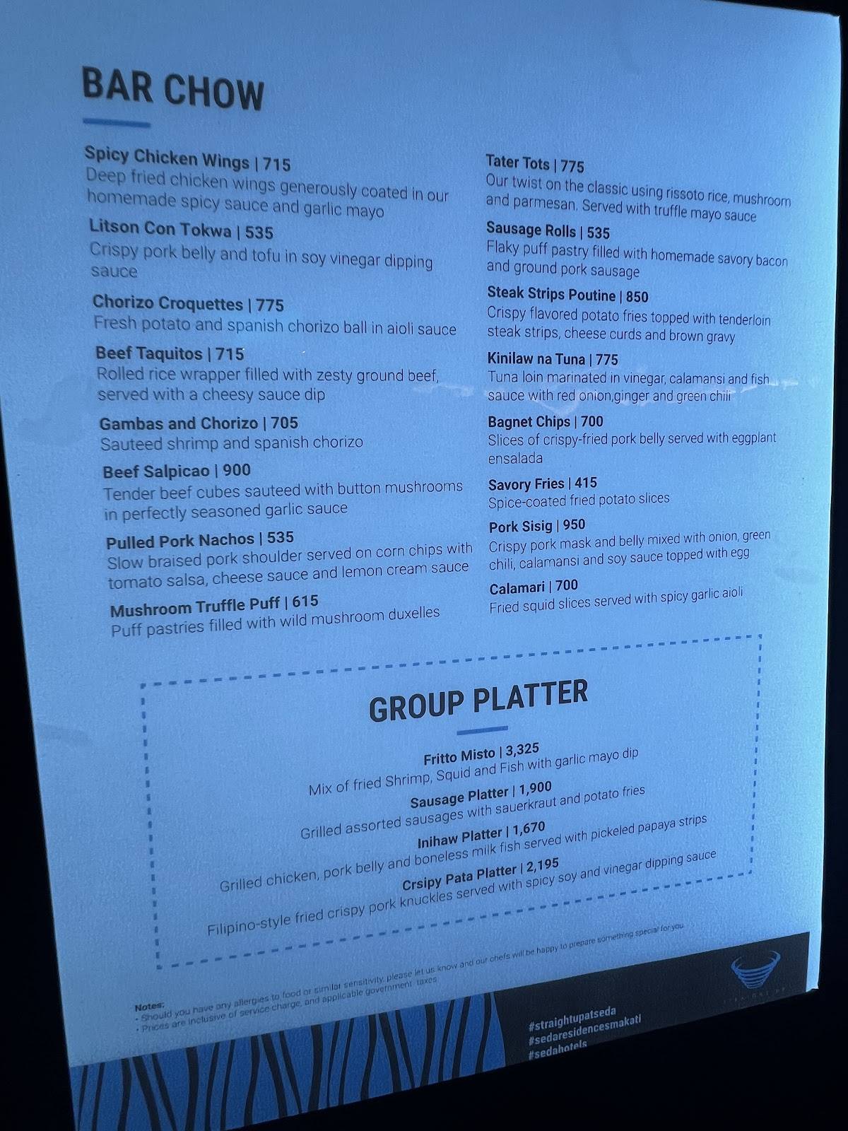 Menu at Straight Up Bar Seda Residences Makati, Makati