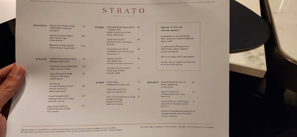 Carta de Strato Melbourne - Bar and Restaurant, Southbank