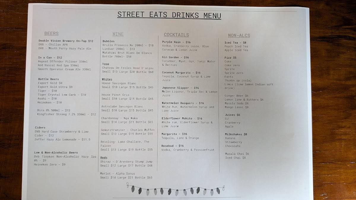 Menu at Street Eats restaurant, Upper Hutt