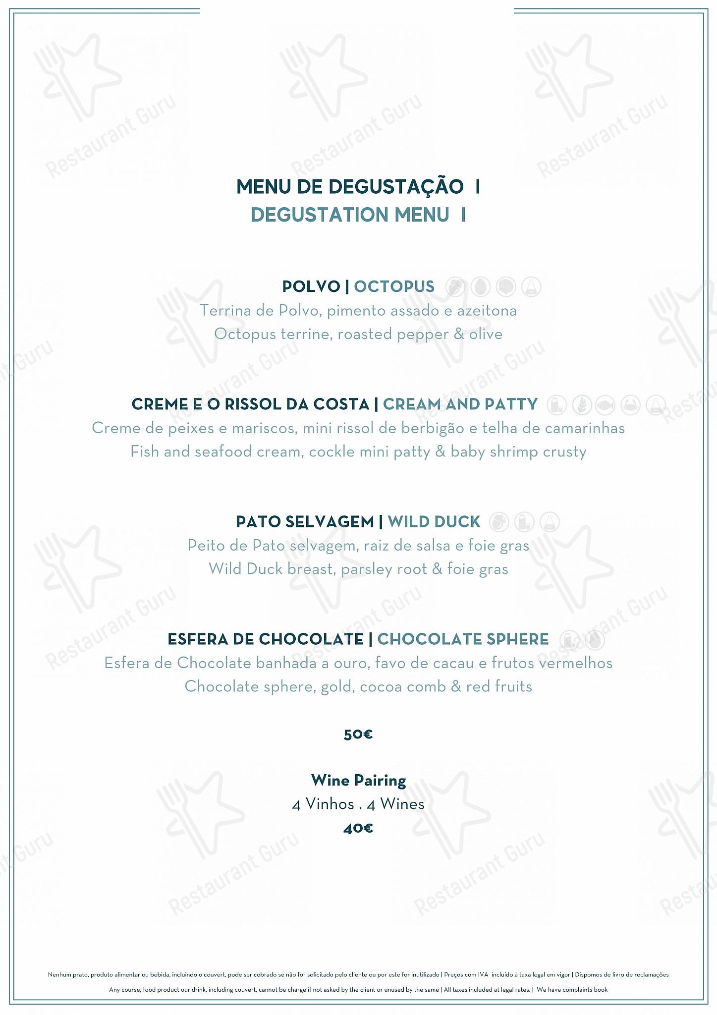 Menu at SUBA Restaurante, Lisbon