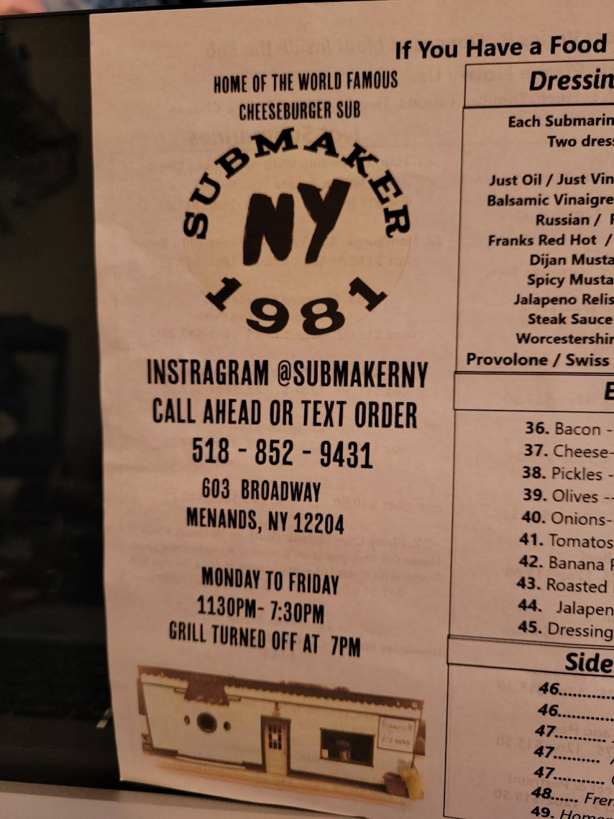 Menu at Submaker 1981 restaurant, Menands, 603 Broadway