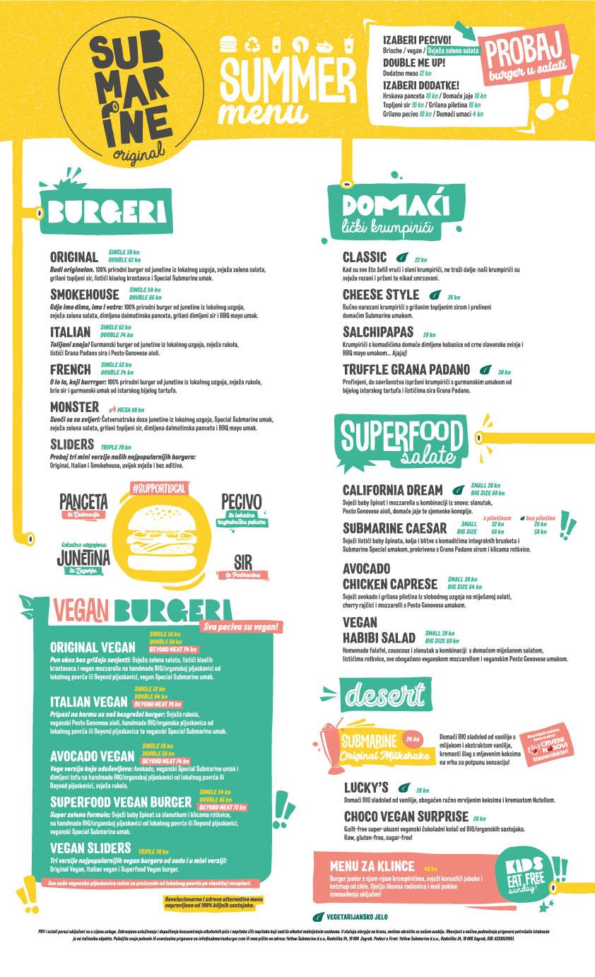 Menu at Submarine Burger Split restaurant, Split