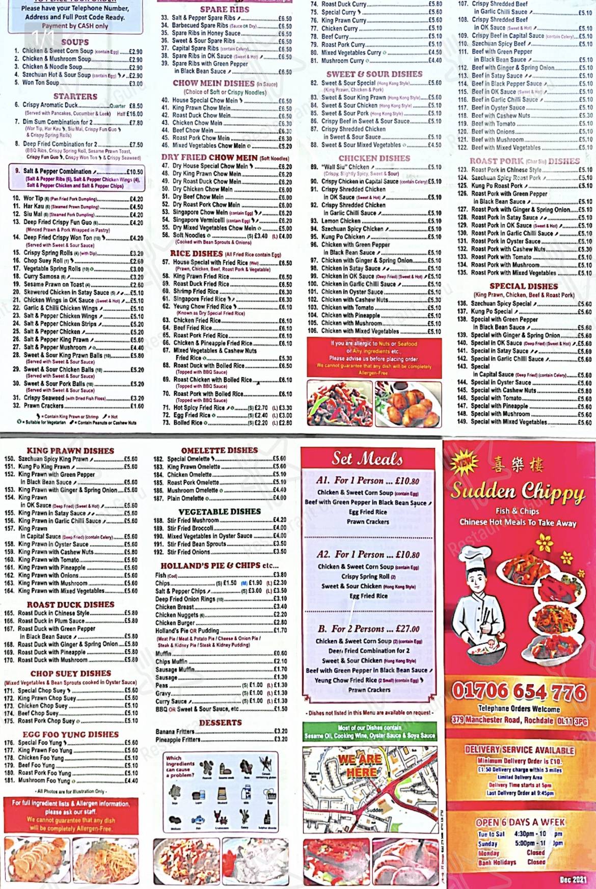 Menu at Sudden Chippy fast food, Rochdale