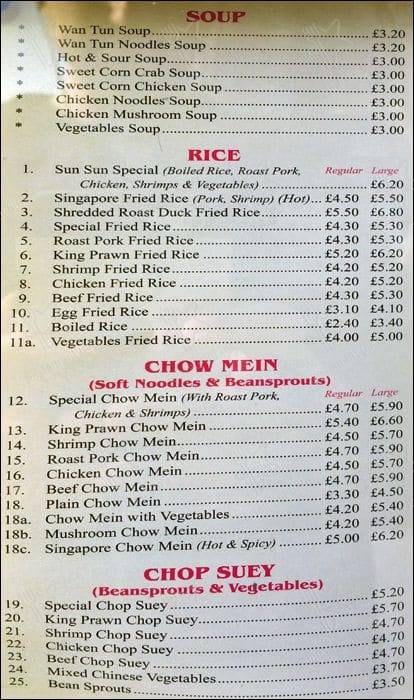 Menu at Sun Sun fast food, London, 94 Clapham High St