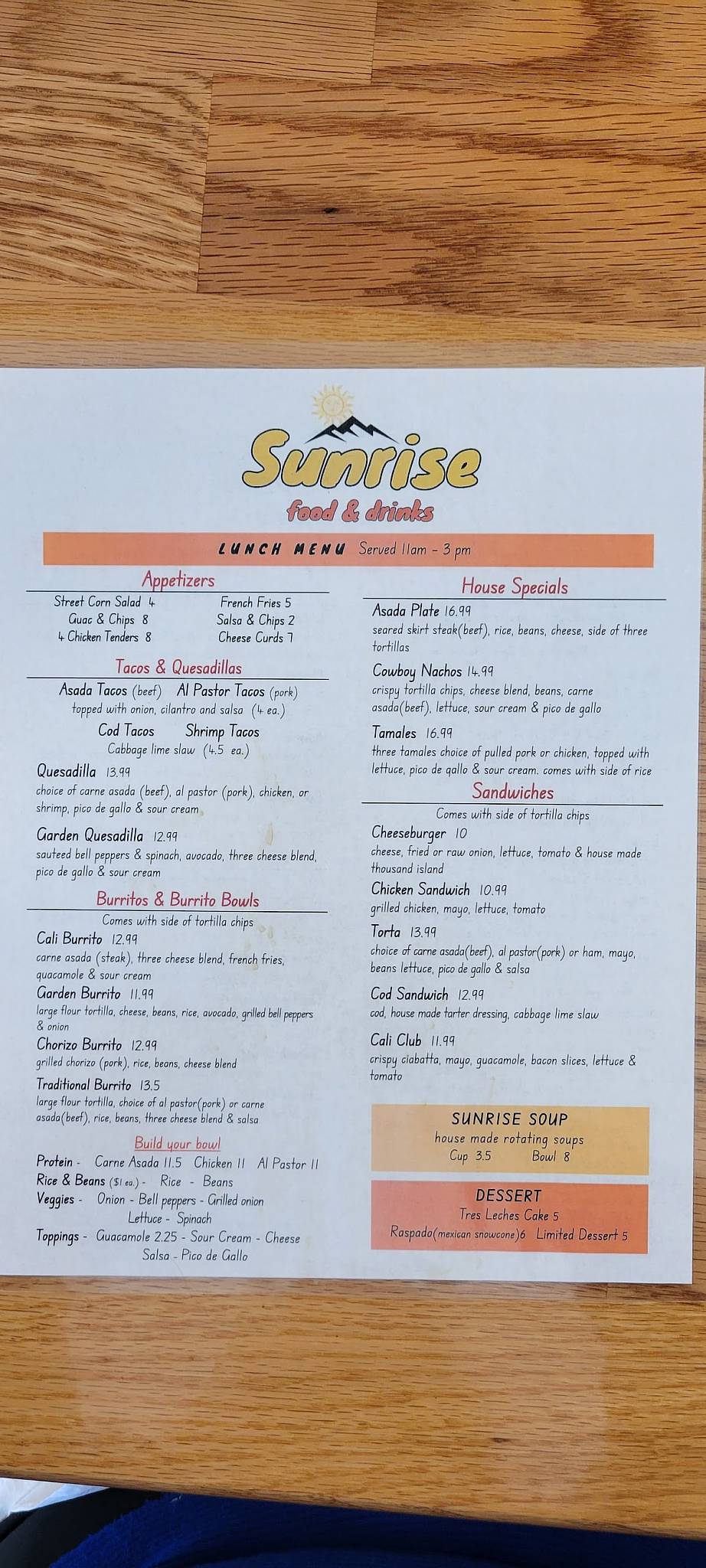 Menu at Sunrise Food & Drinks restaurant, Sturgeon Bay