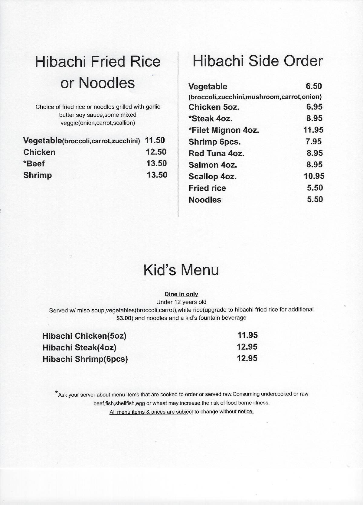Menu at Sunrise Hibachi Island restaurant, Shelby charter Township