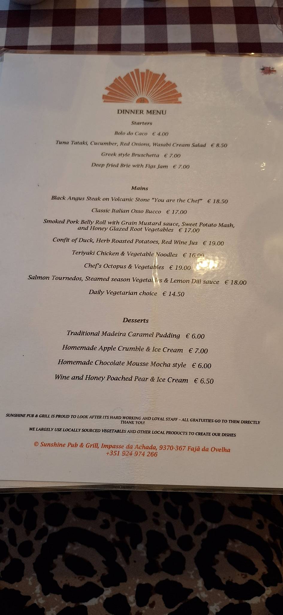 Menu em Sunshine Pub & Grill, Faja Da Ovelha