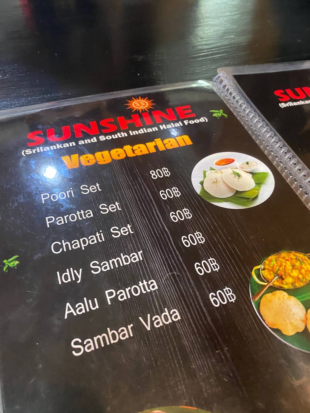 Menu at Sunshine (Srilankan and South indian Halal Food) restaurant, Bangkok