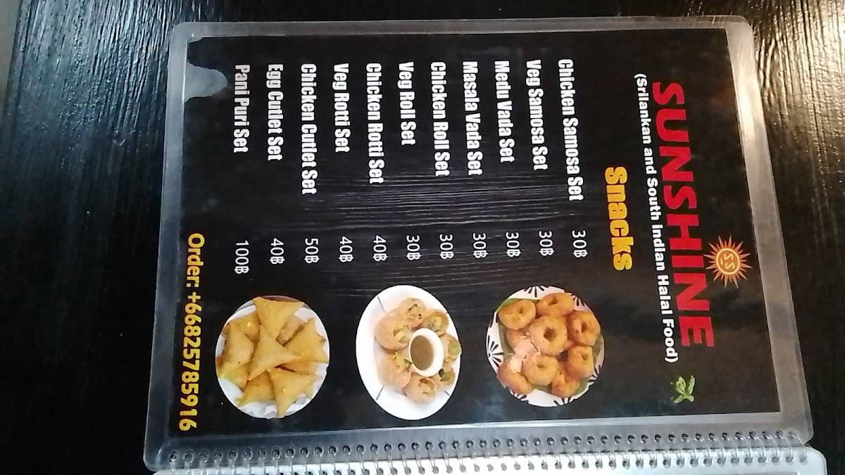 Menu at Sunshine (Srilankan and South indian Halal Food) restaurant, Bangkok