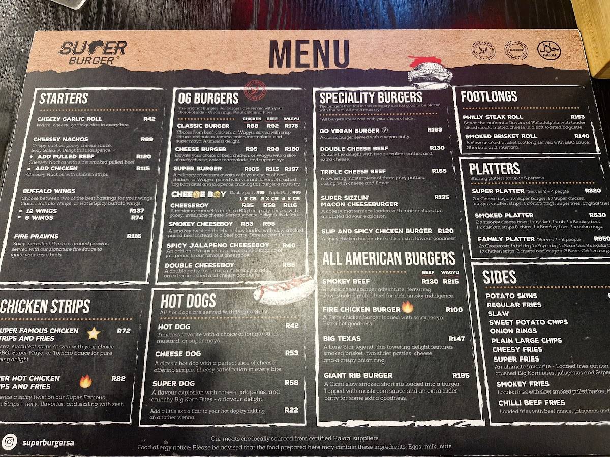 Menu at Super Burger restaurant, Berea