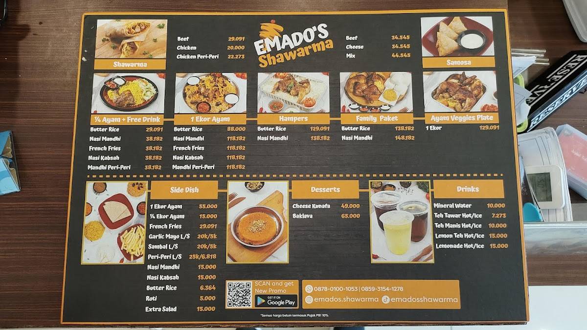 Menu at Emado's Shawarma restaurant, Surabaya, PM33+GV2