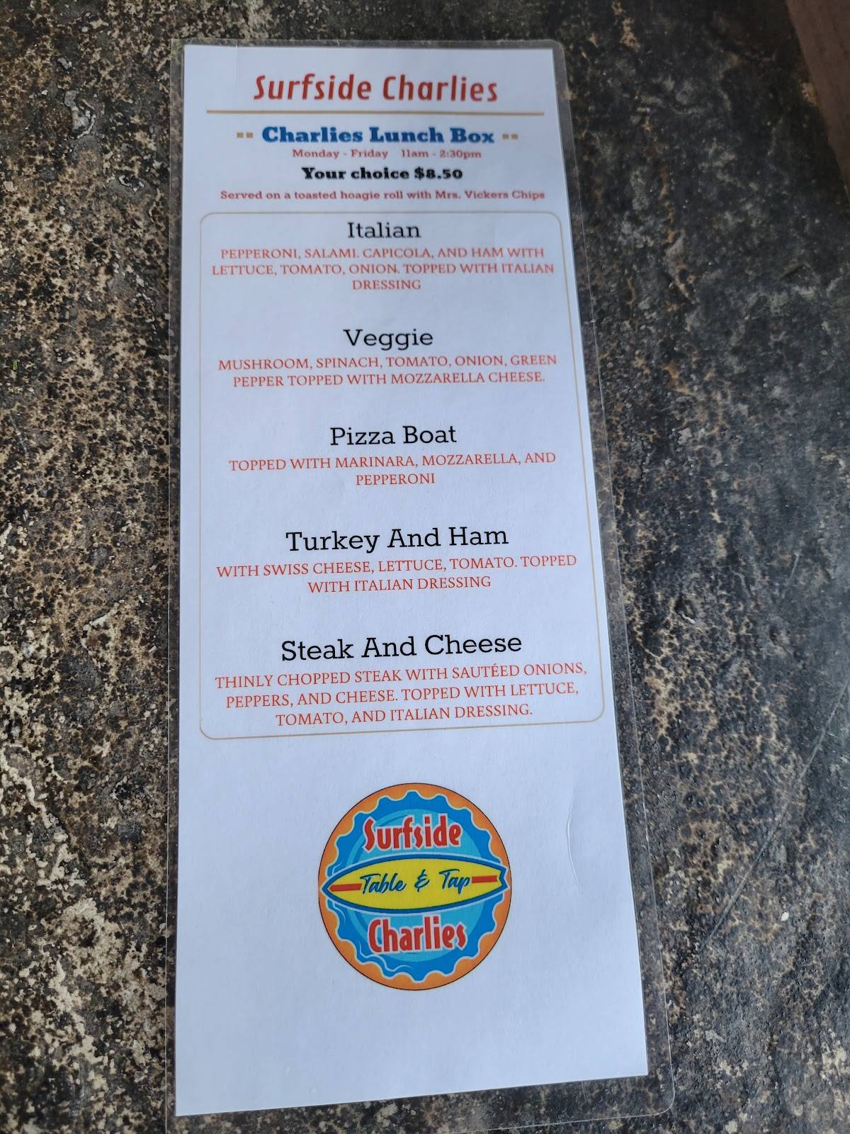 Menu at Surfside Charlies pub & bar, Surfside Beach