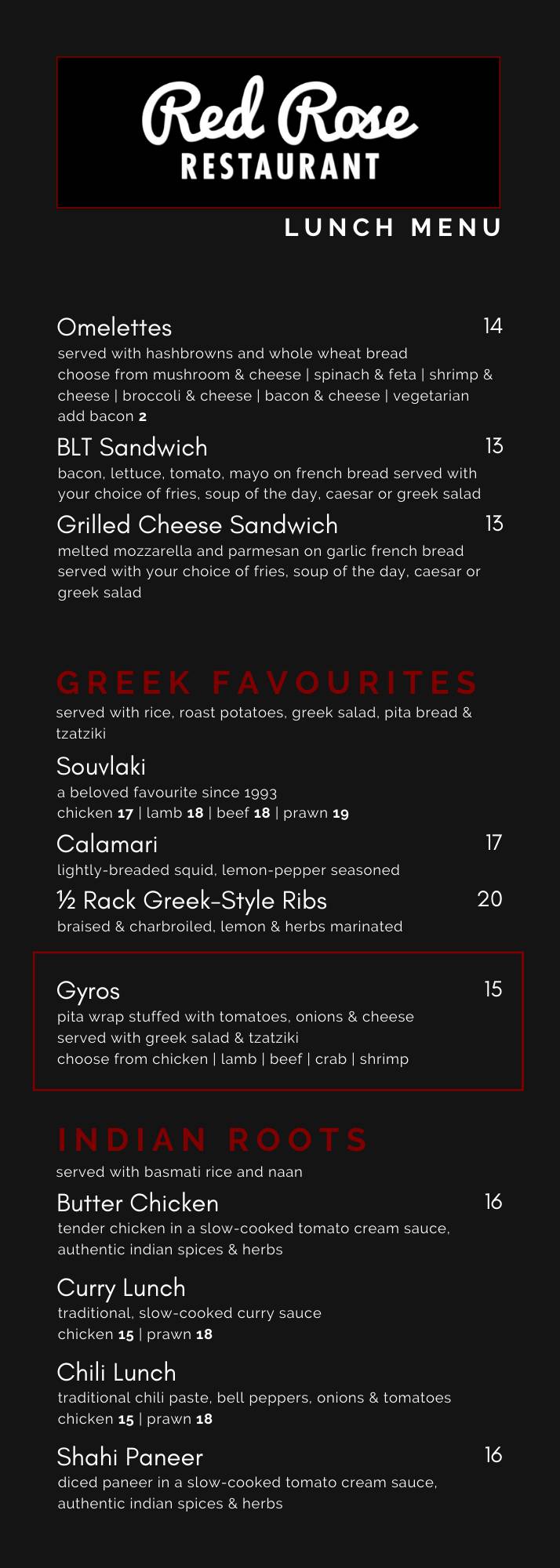 Menu at Red Rose Restaurant, Surrey, King George Blvd