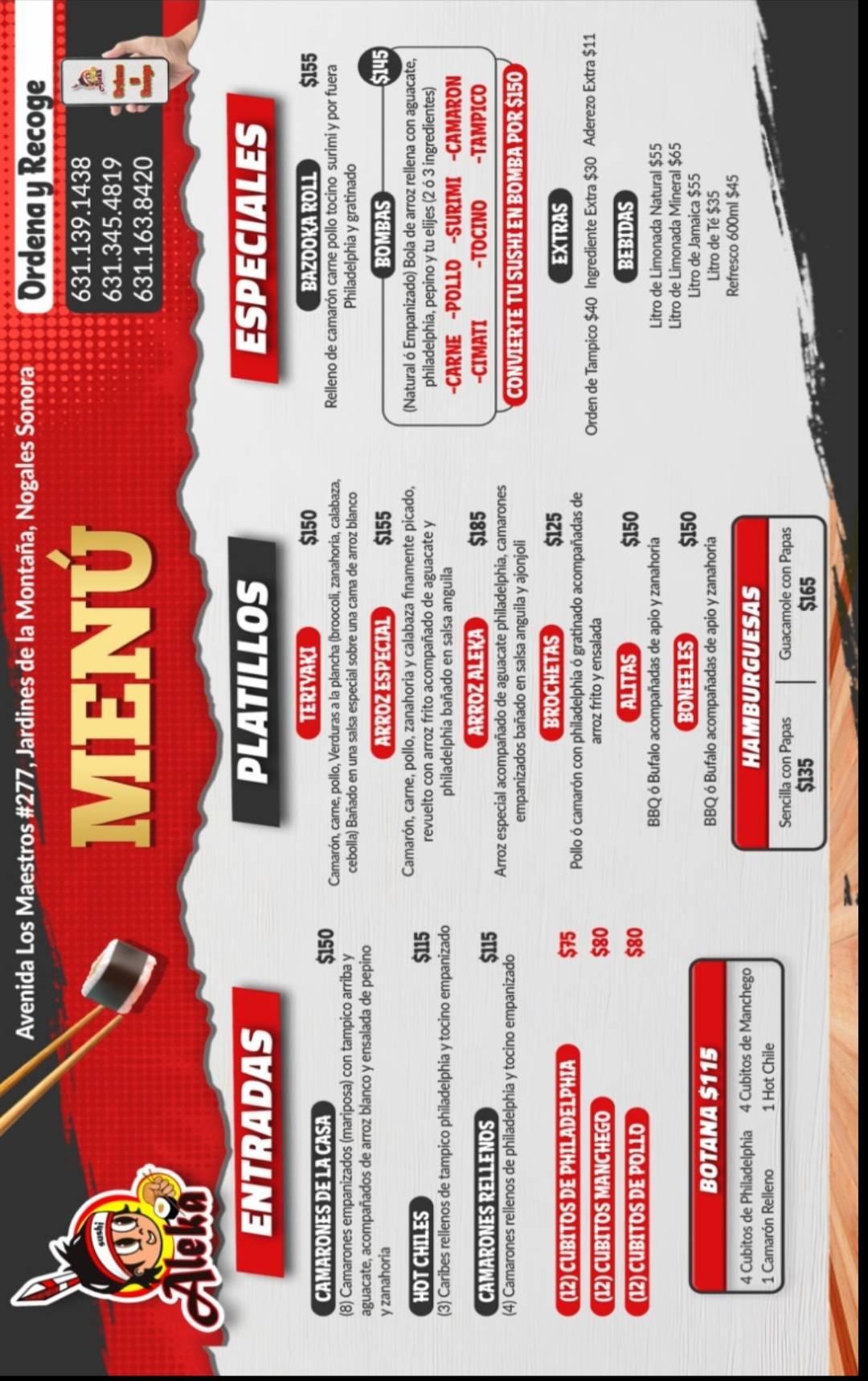 Carta del restaurante Sushi Aleka, Heroica Nogales