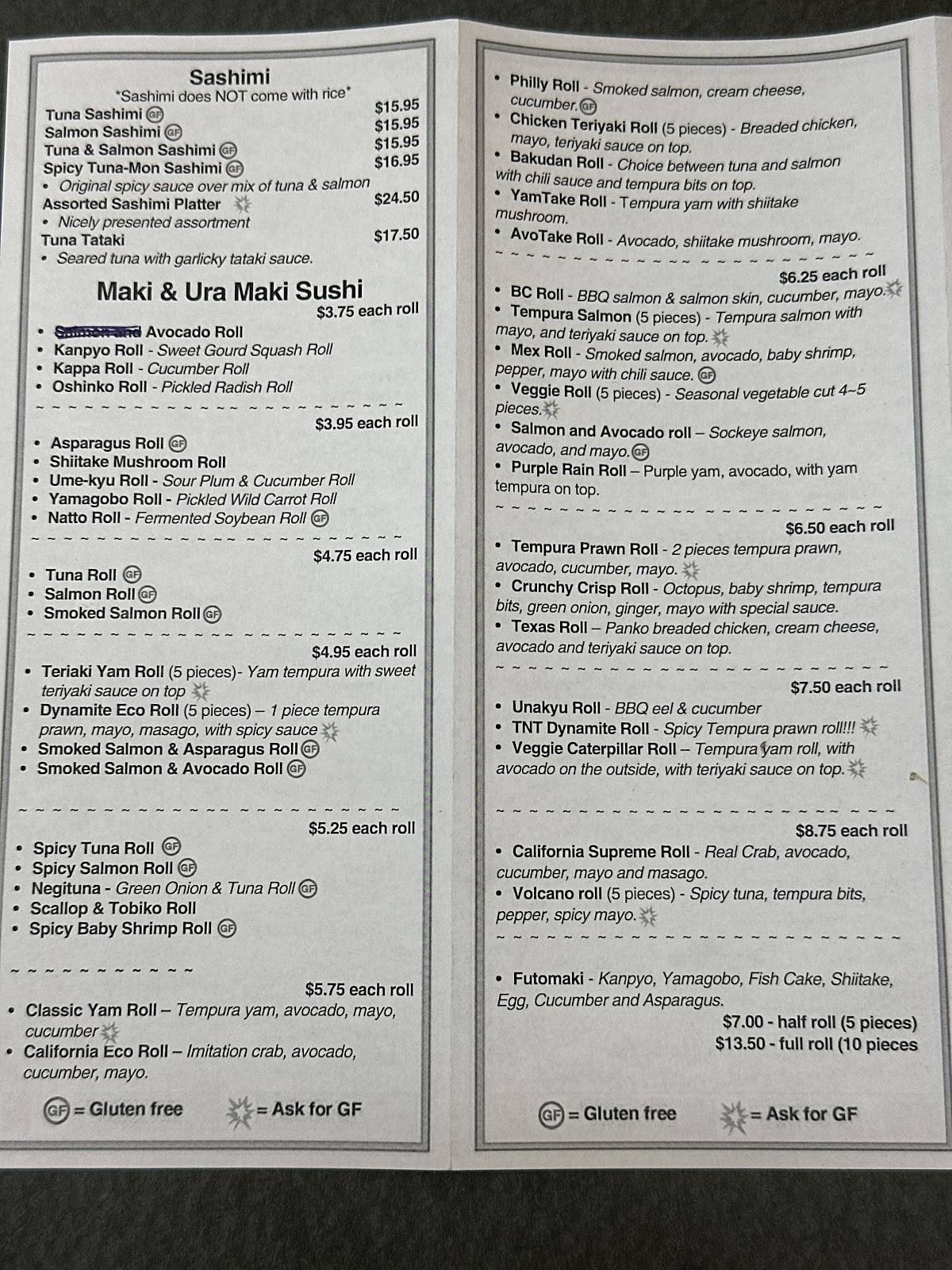 Menu at Sushi Kobo Takeout restaurant, Comox