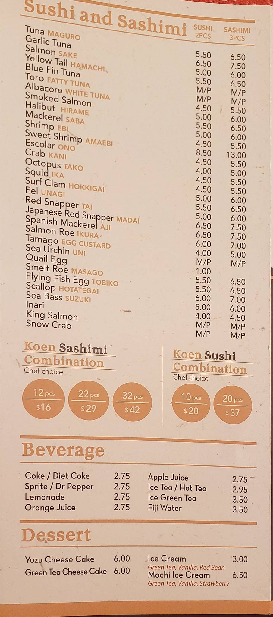 Menu at Sushi Koen restaurant, Round Rock