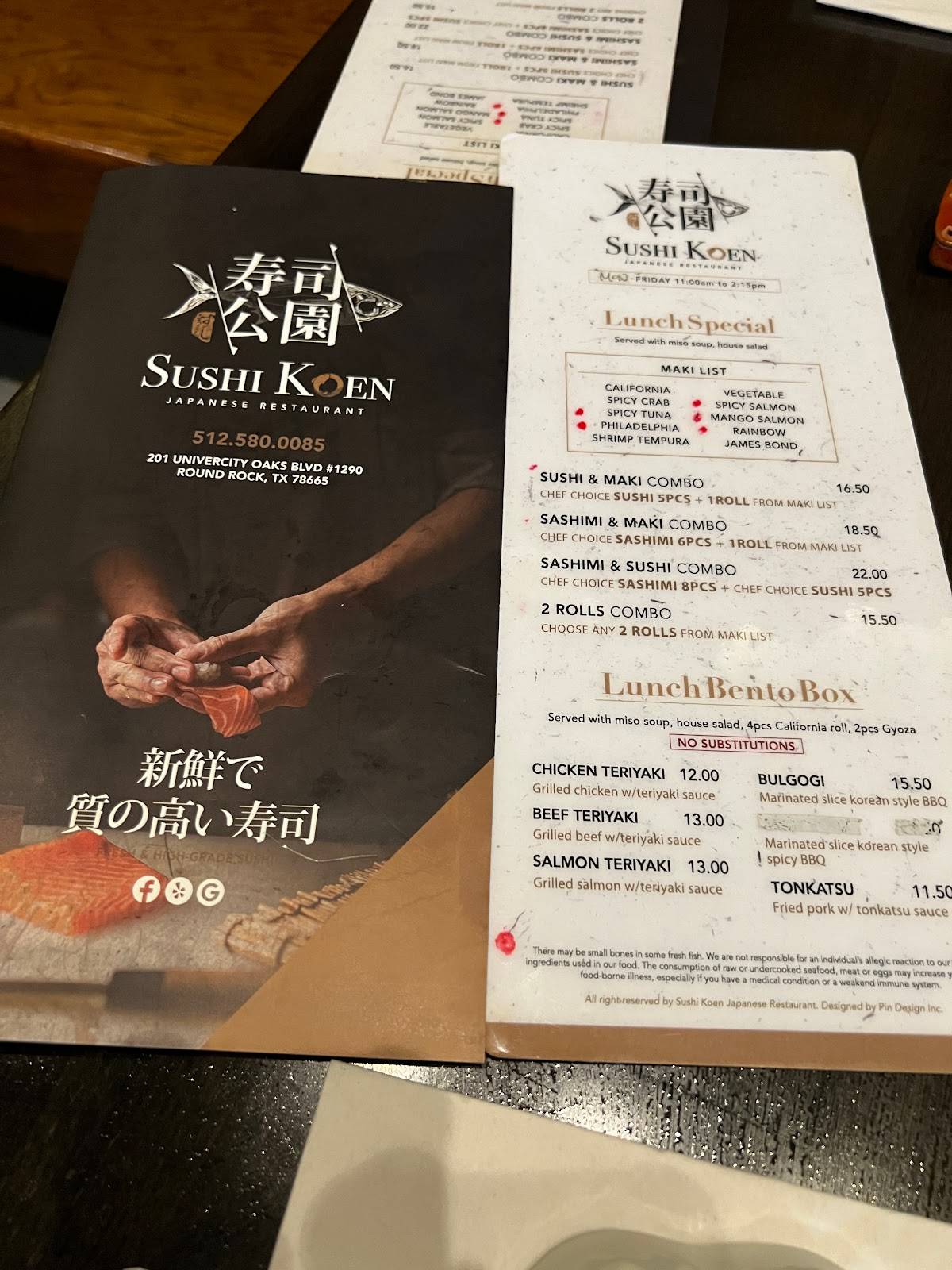 Menu at Sushi Koen restaurant, Round Rock