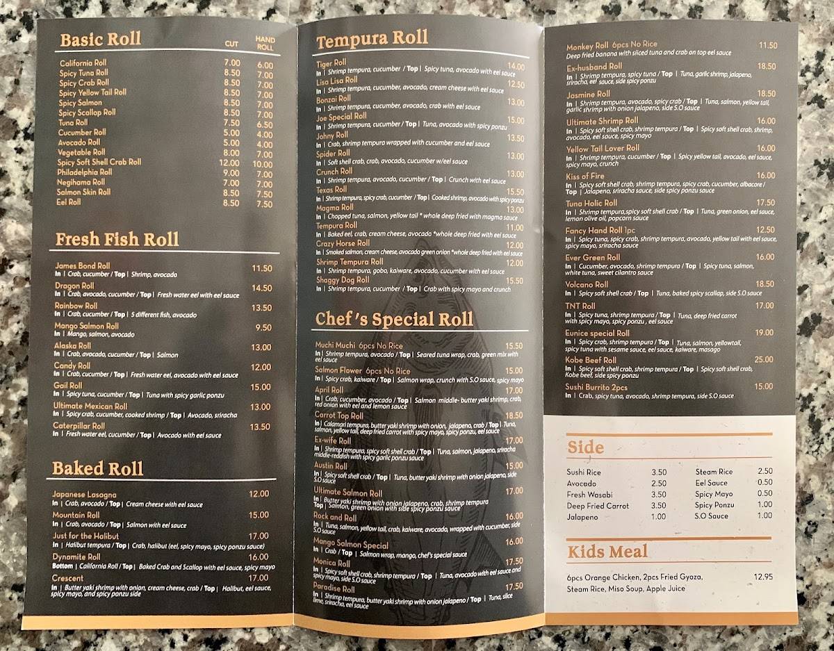 Menu at Sushi Koen restaurant, Round Rock