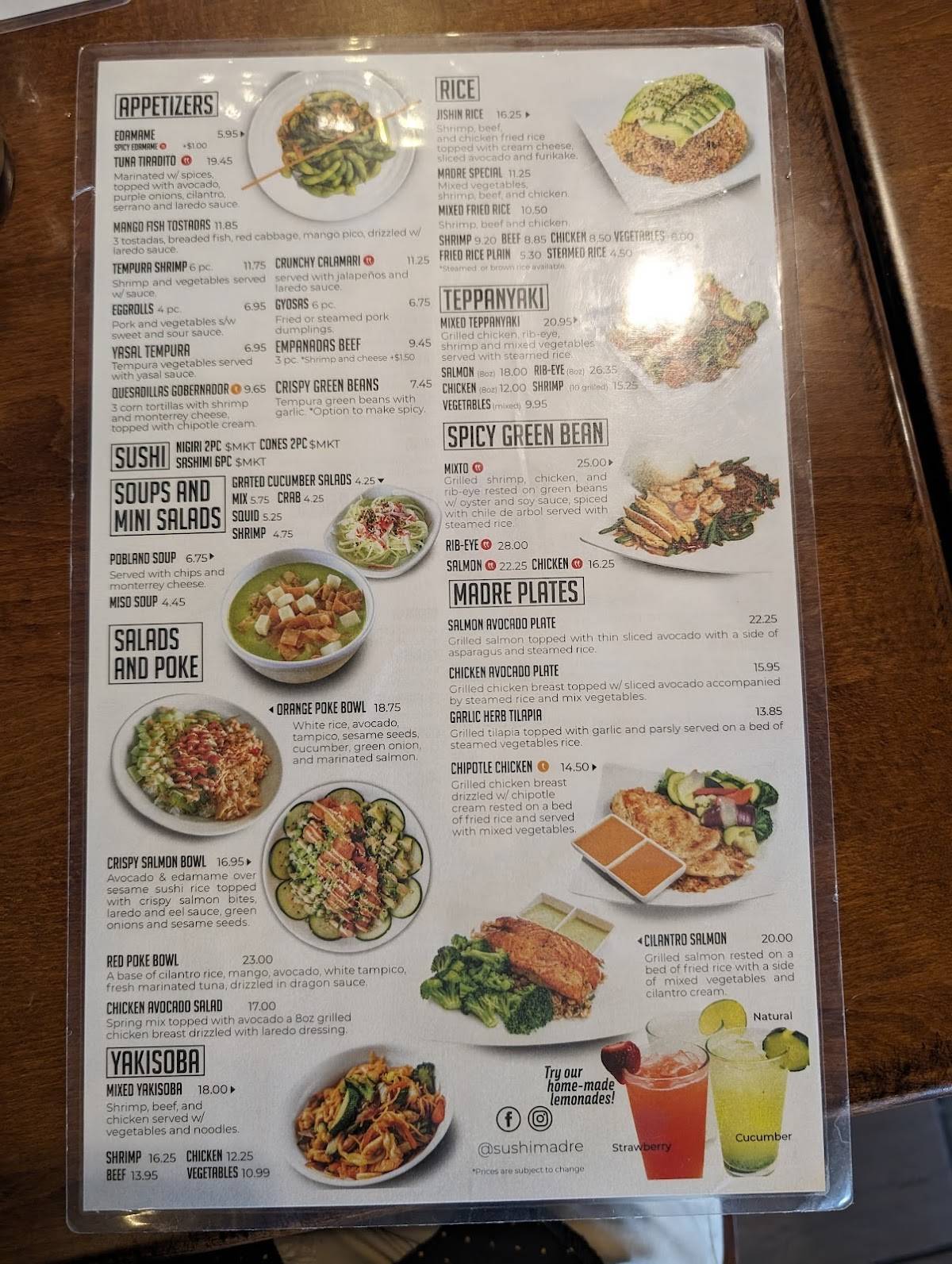 Menu at Sushi Madre restaurant, Laredo, McPherson Rd