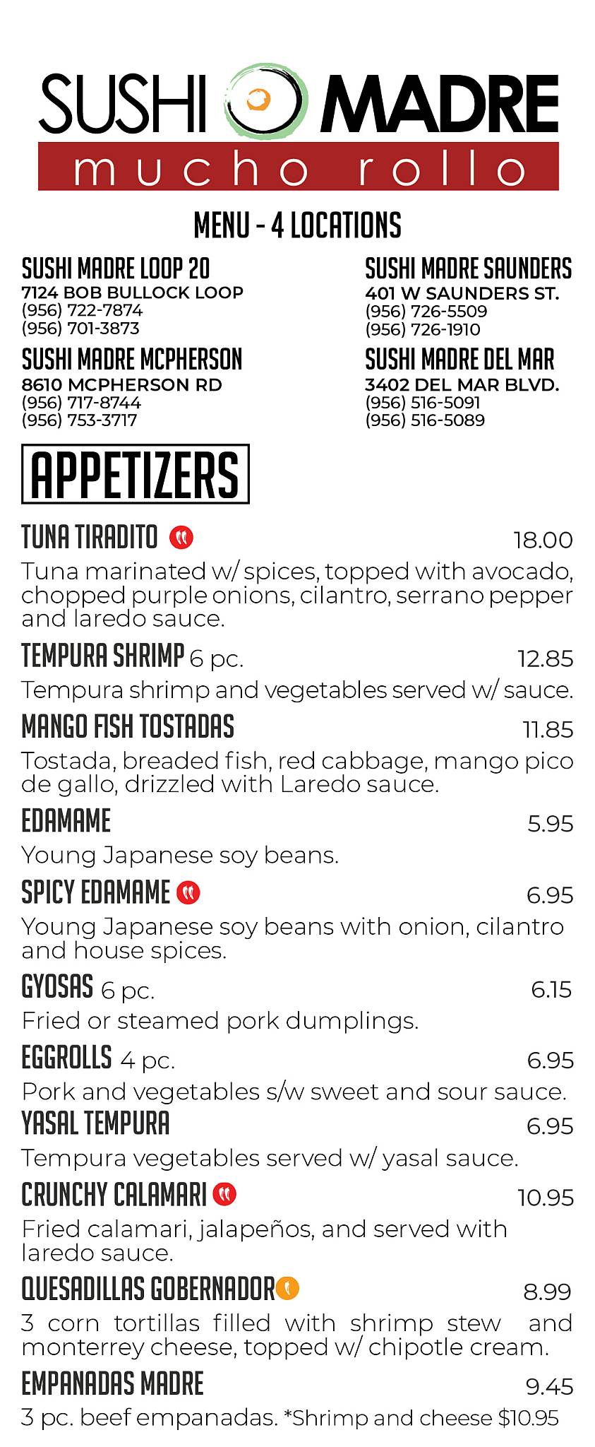 Menu at Sushi Madre restaurant, Laredo, McPherson Rd