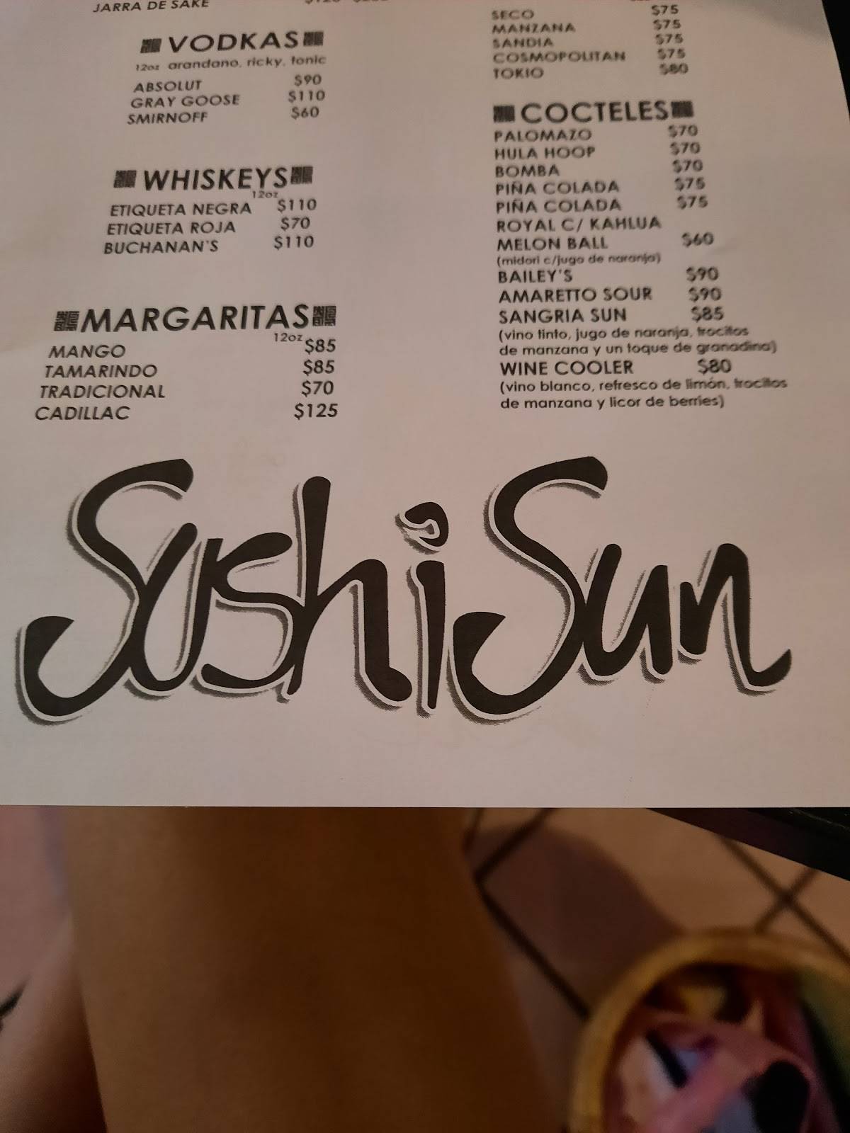 Menu at Sushi Sun restaurant, Puerto Peñasco