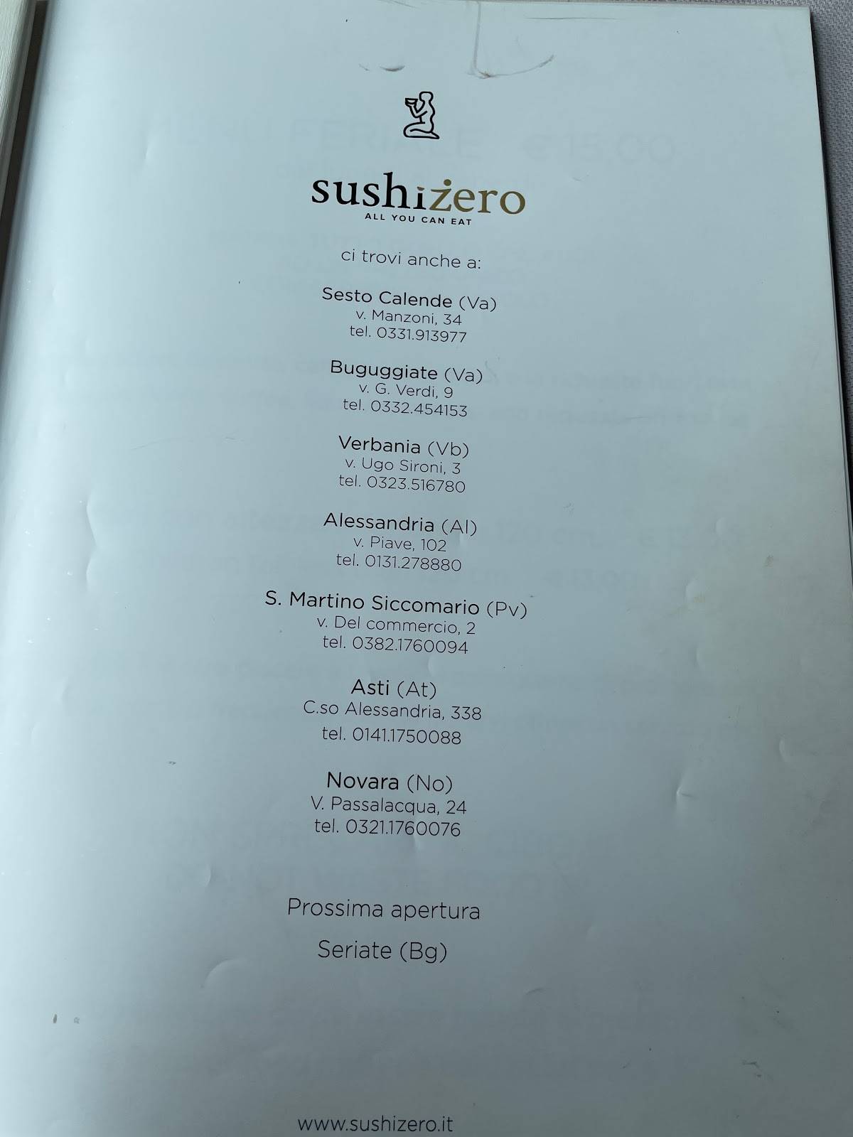 Menu da Sushi Zero ristorante, Asti