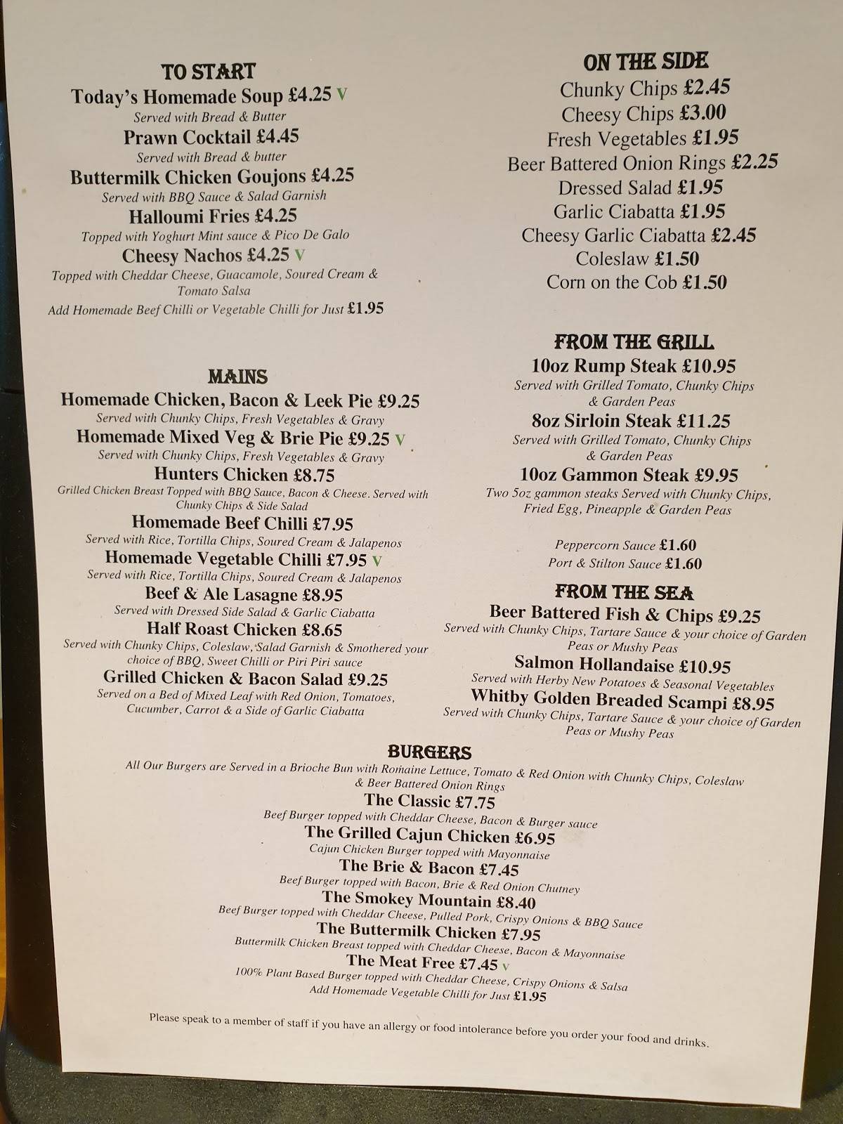 Menu at Sutherland Arms pub & bar, England, Tibberton