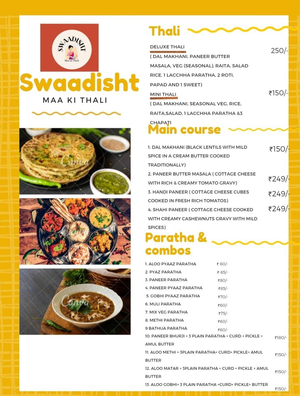 Menu at Swaadisht Maa ki Thali, Meerut, Meerut