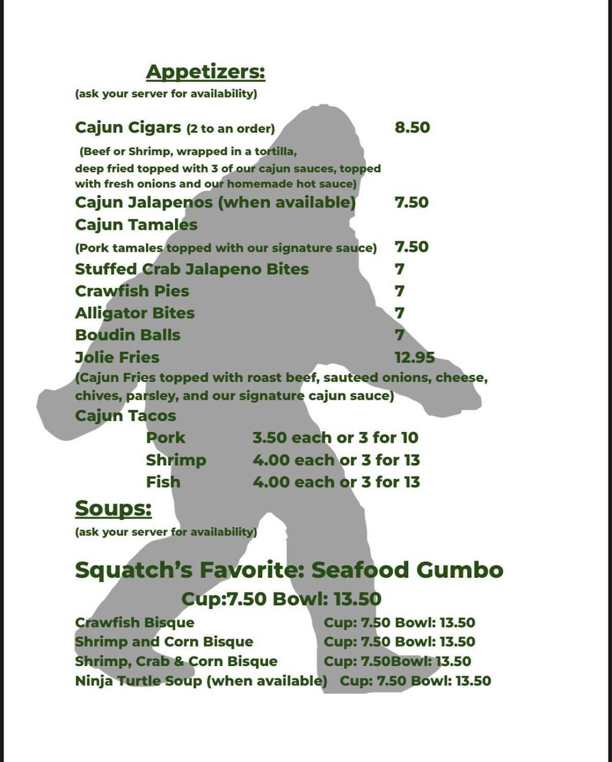 Menu at Swamp Monster Restaurant, Franklinton