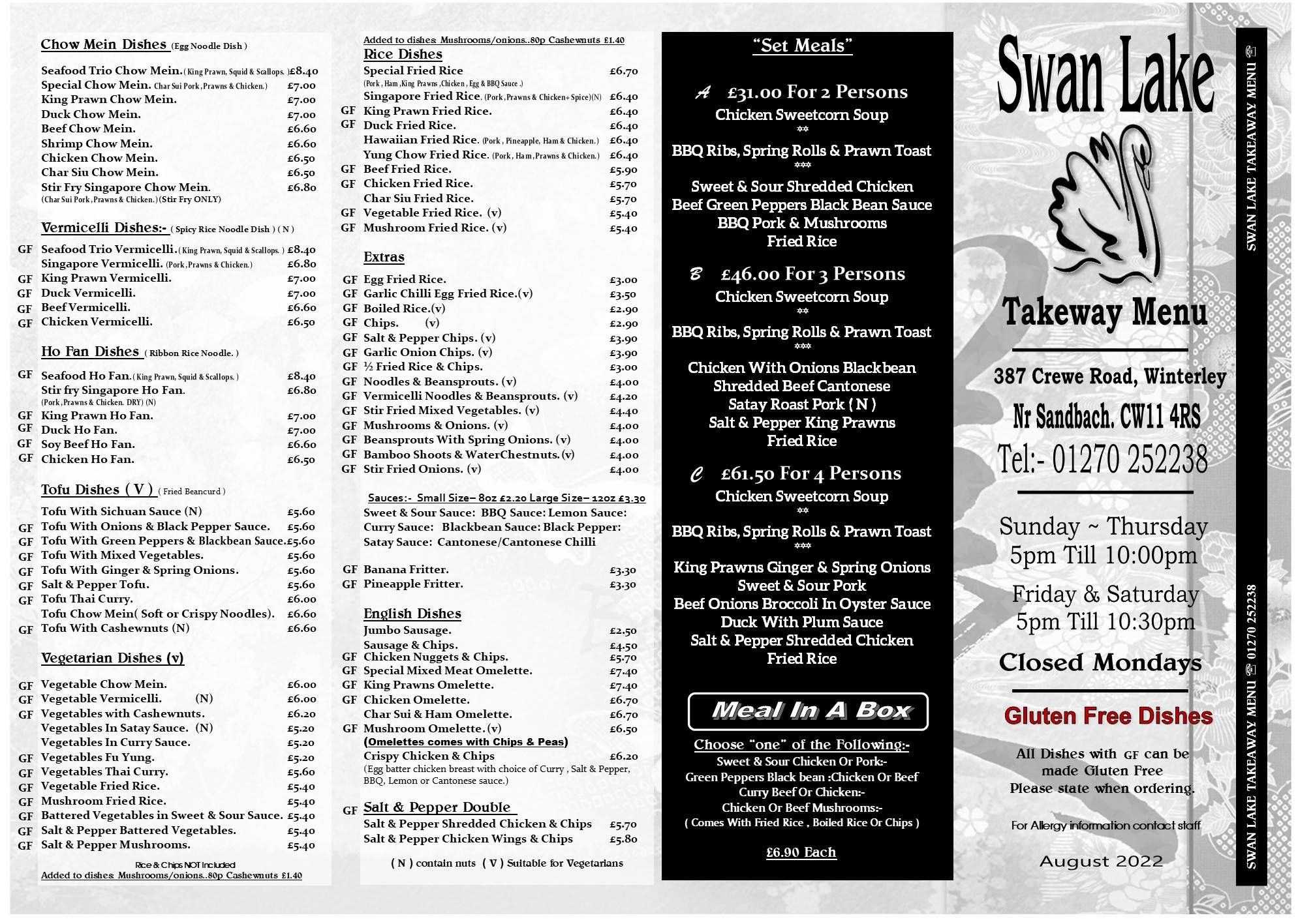 Menu at Swan Lake restaurant, Sandbach, 387 Crewe Rd