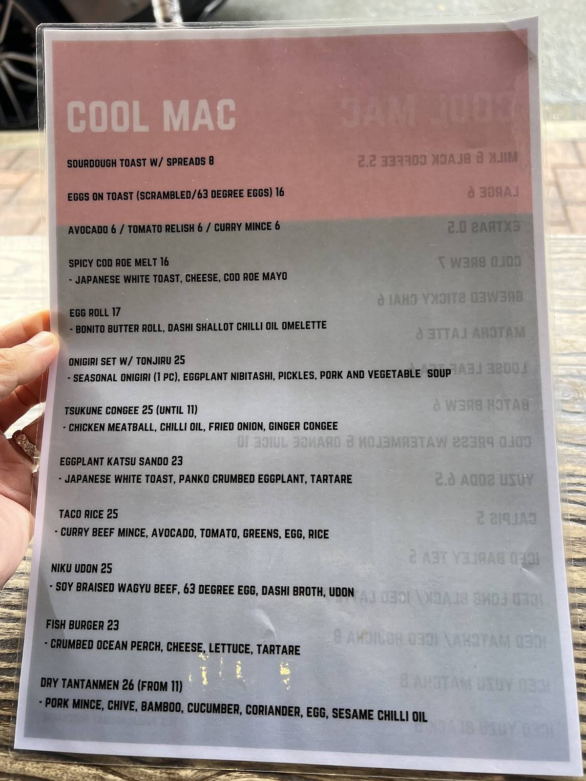 Menu at Cool Mac cafe, Kirribilli