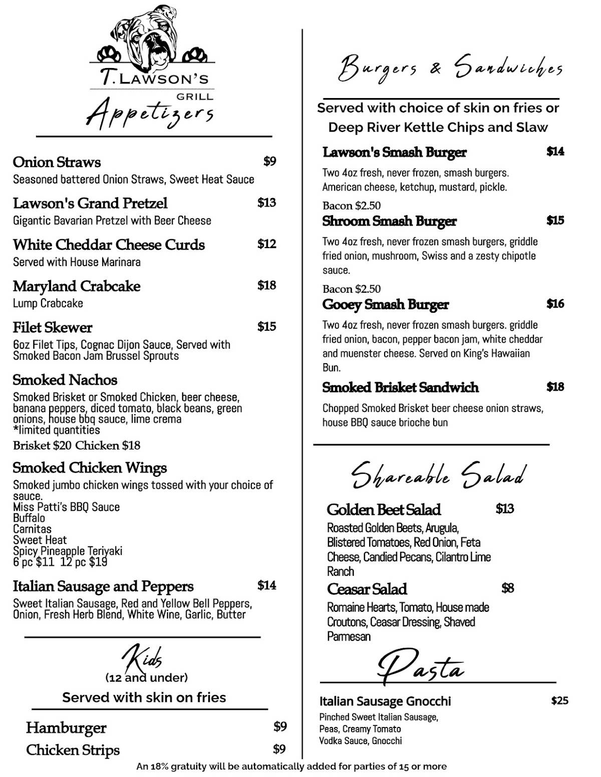 Menu at T Lawson’s Grill pub & bar, Grand Rivers