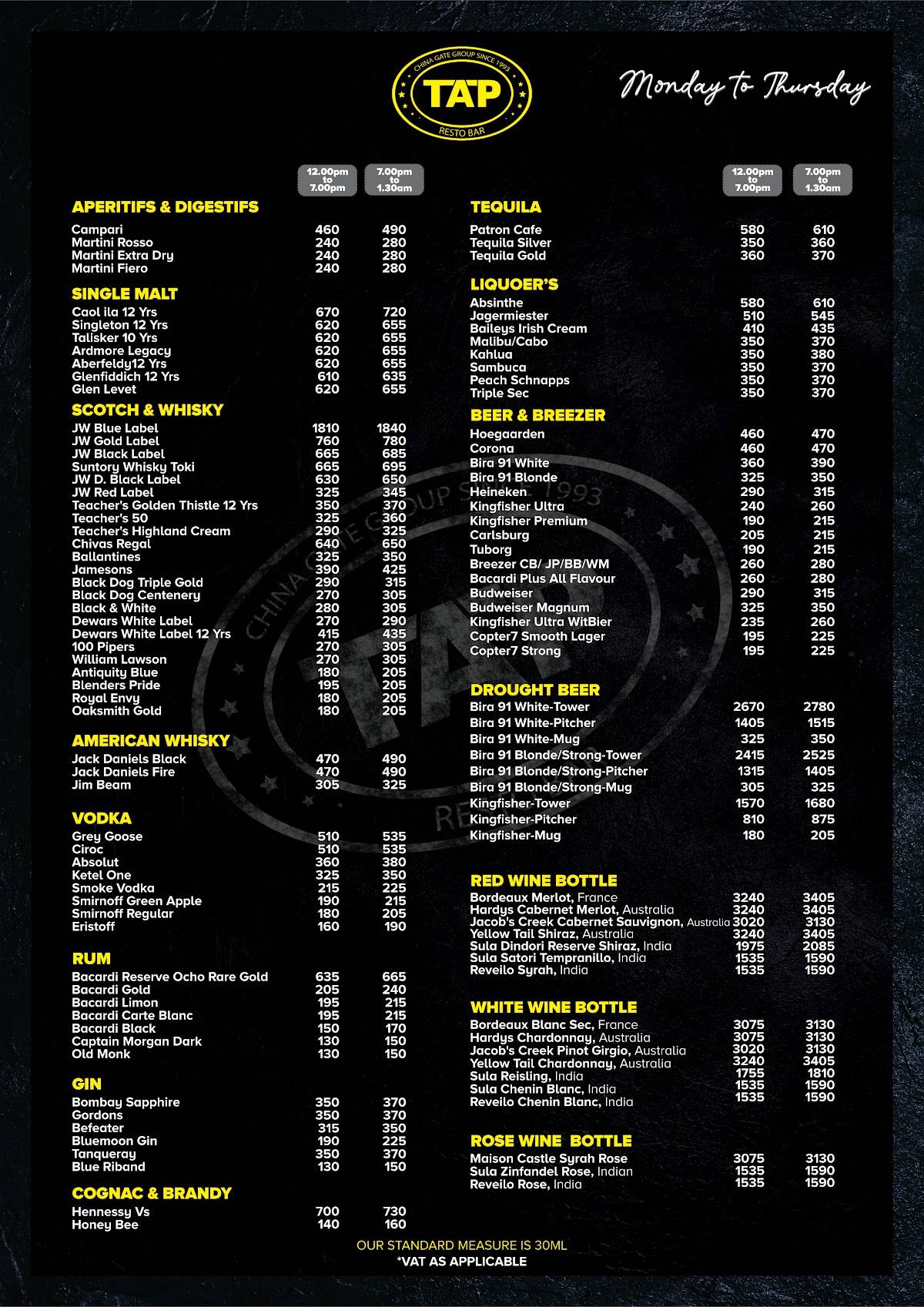 Menu at TAP Resto Bar Bandra, Mumbai, 3rd Floor