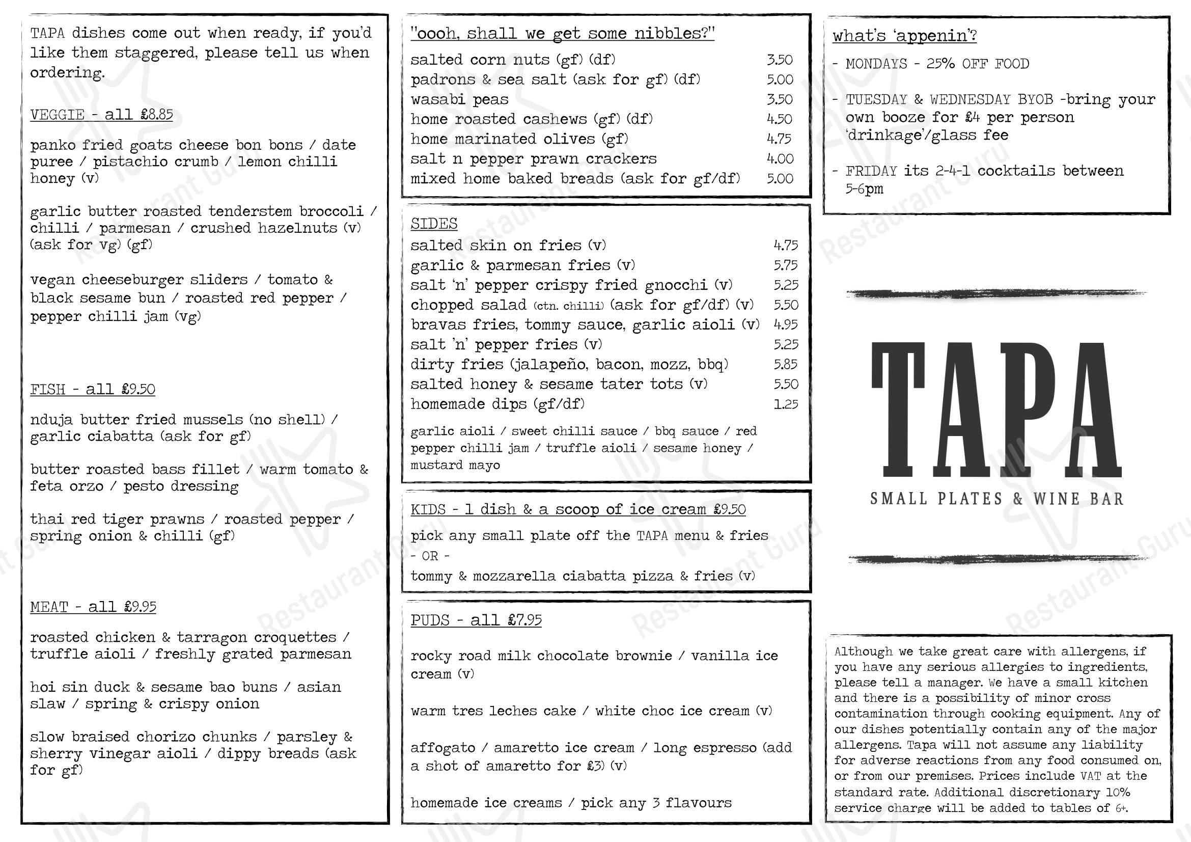 Menu at TAPA Small Plates & Wine Bar (Restaurant), Macclesfield