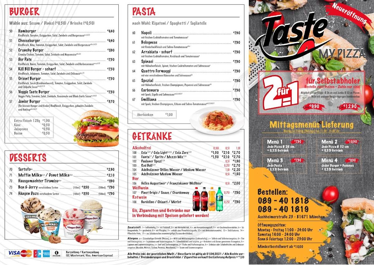 Menu at TASTE Pizza, Munich